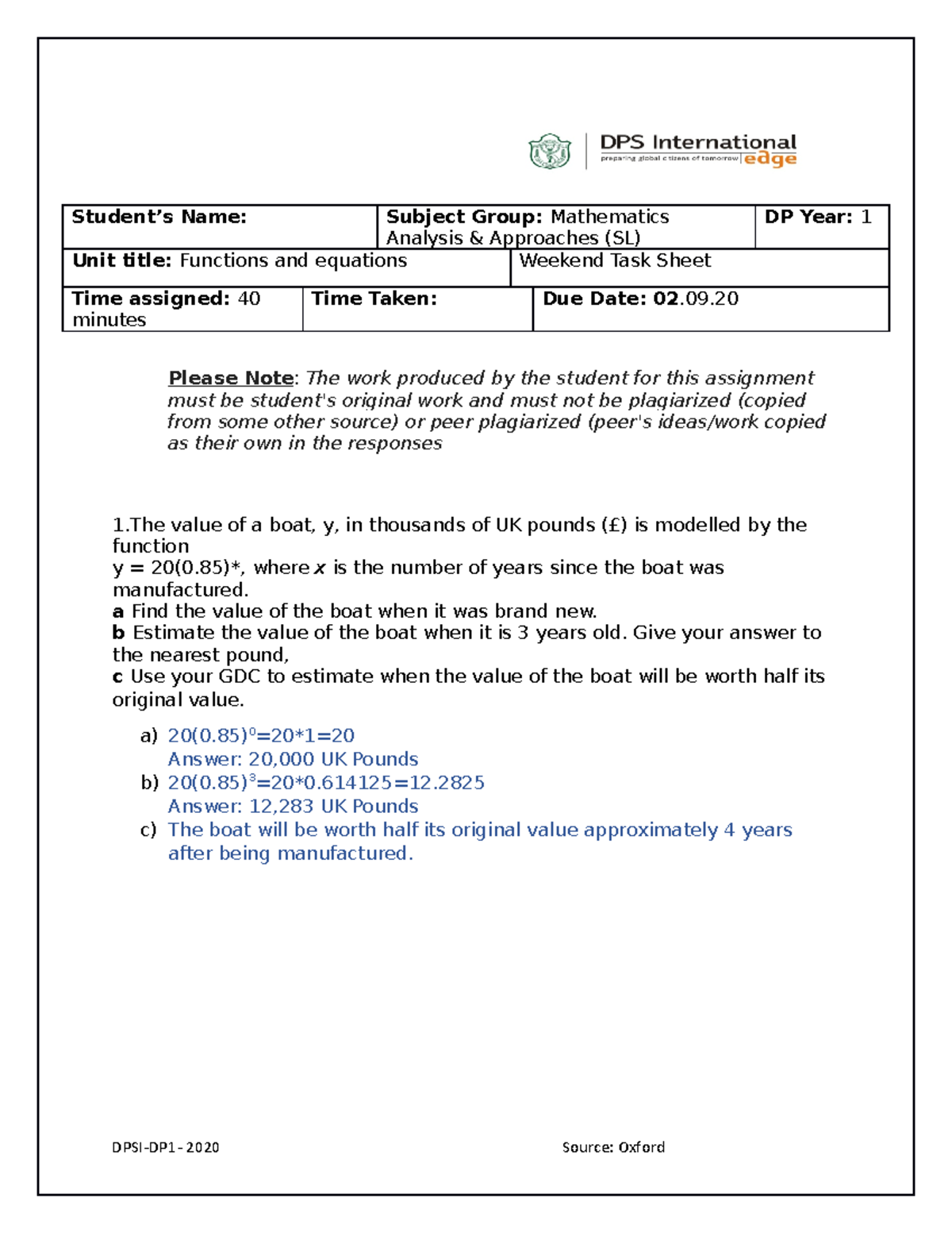Math- Tasksheet 9- PP - DP 1- 27 - Student’s Name: Subject Group ...