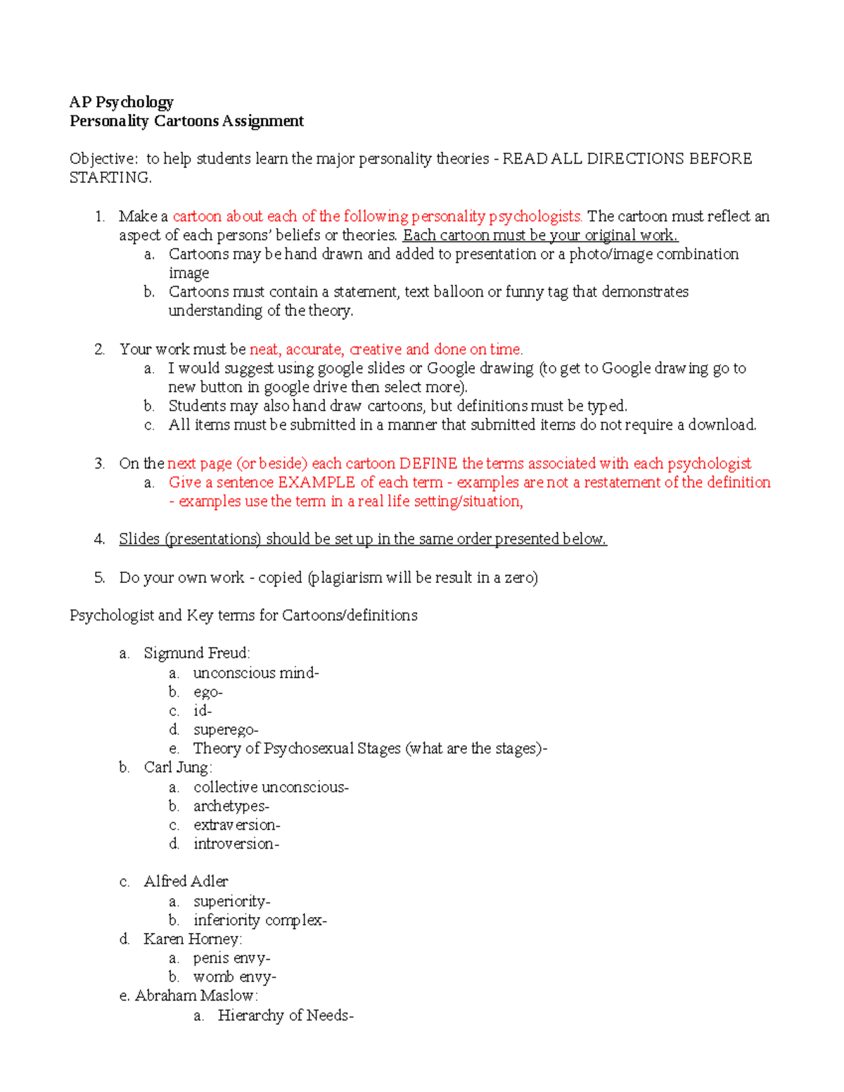 Personality Cartoons Assignment - AP Psychology Personality Cartoons ...