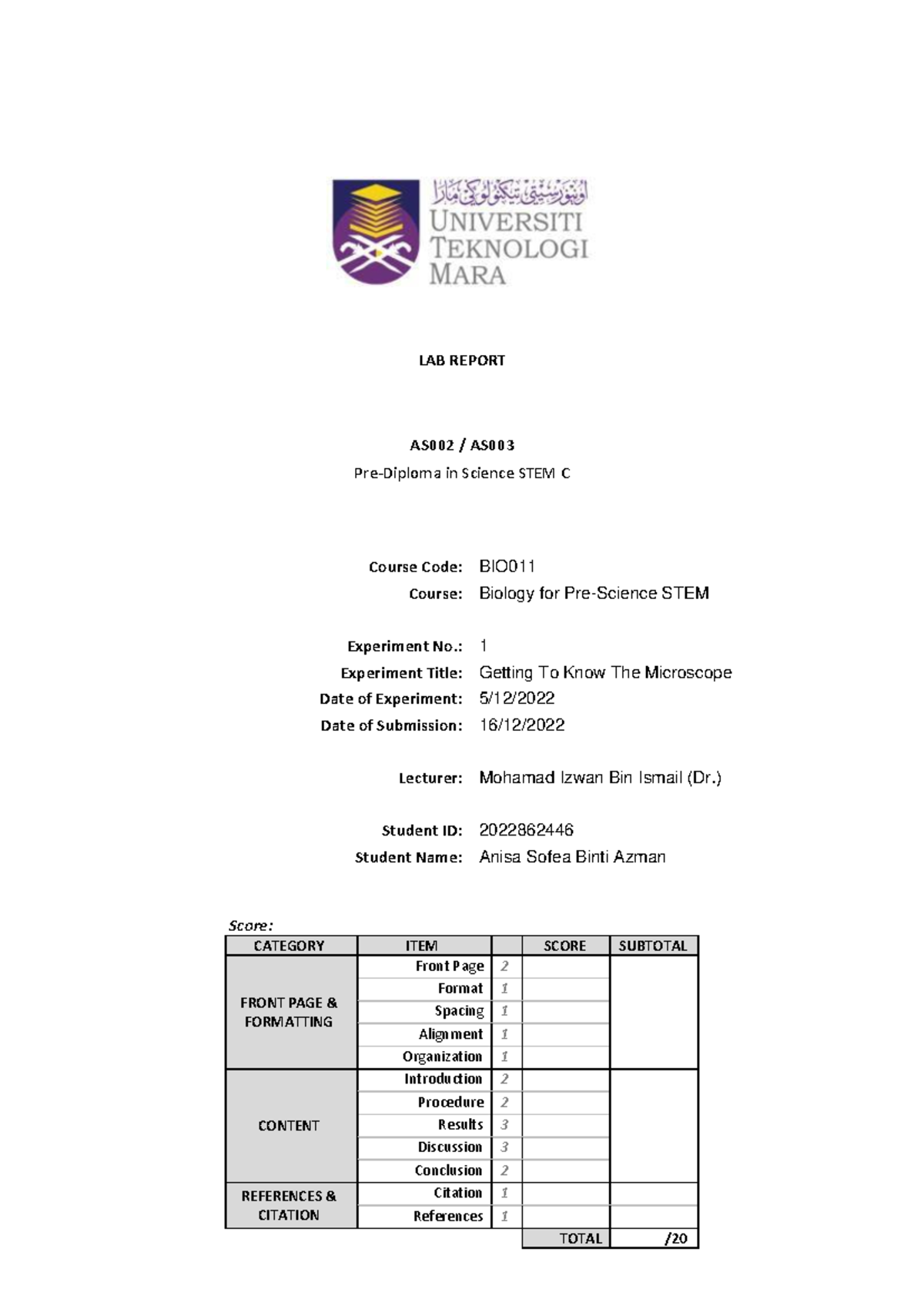 Lab Report 1 Bio011 - LAB REPORT AS002 / AS Pre-Diploma in Science STEM ...