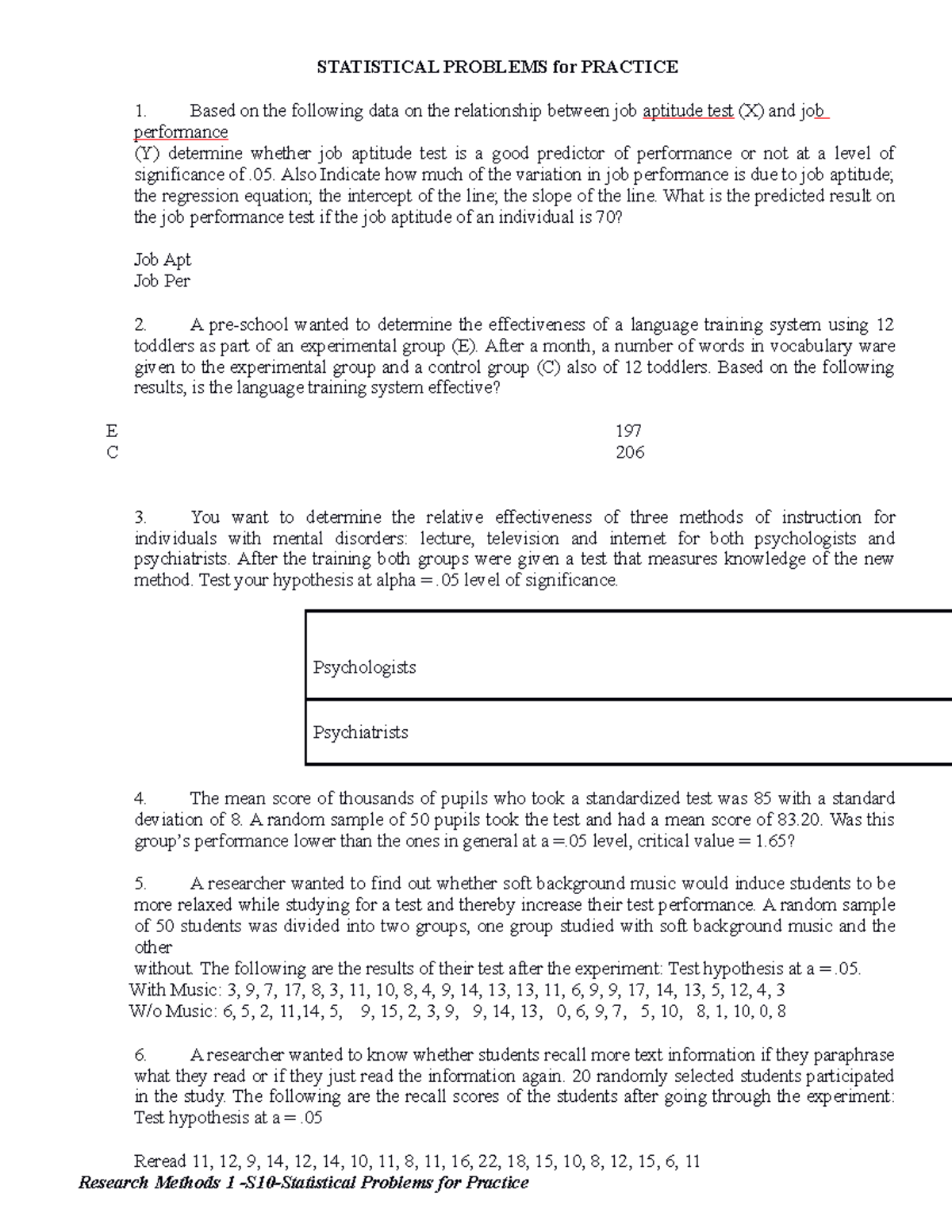 RM1-S9-10-Statistics Problems for practice - STATISTICAL PROBLEMS for ...