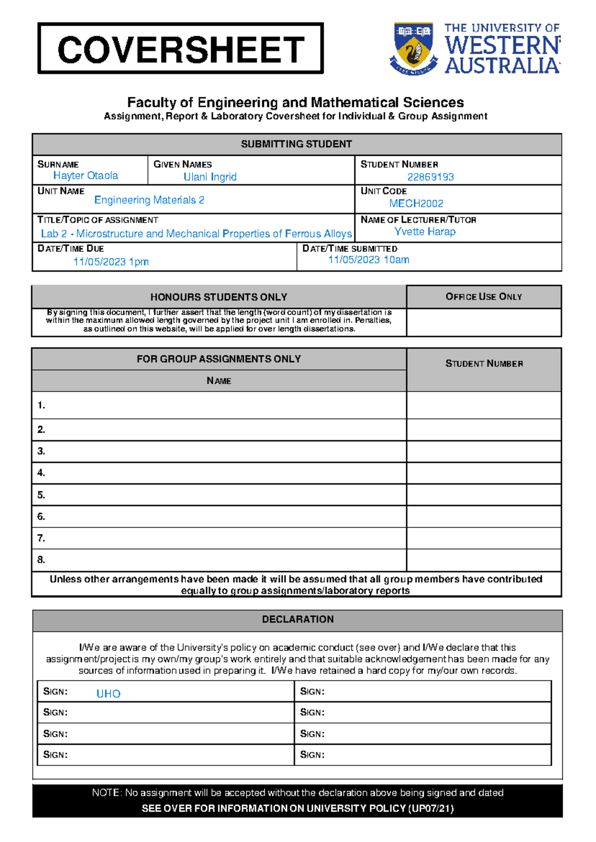 Lab 2 coversheet - COVERSHEET Faculty of Engineering and Mathematical ...