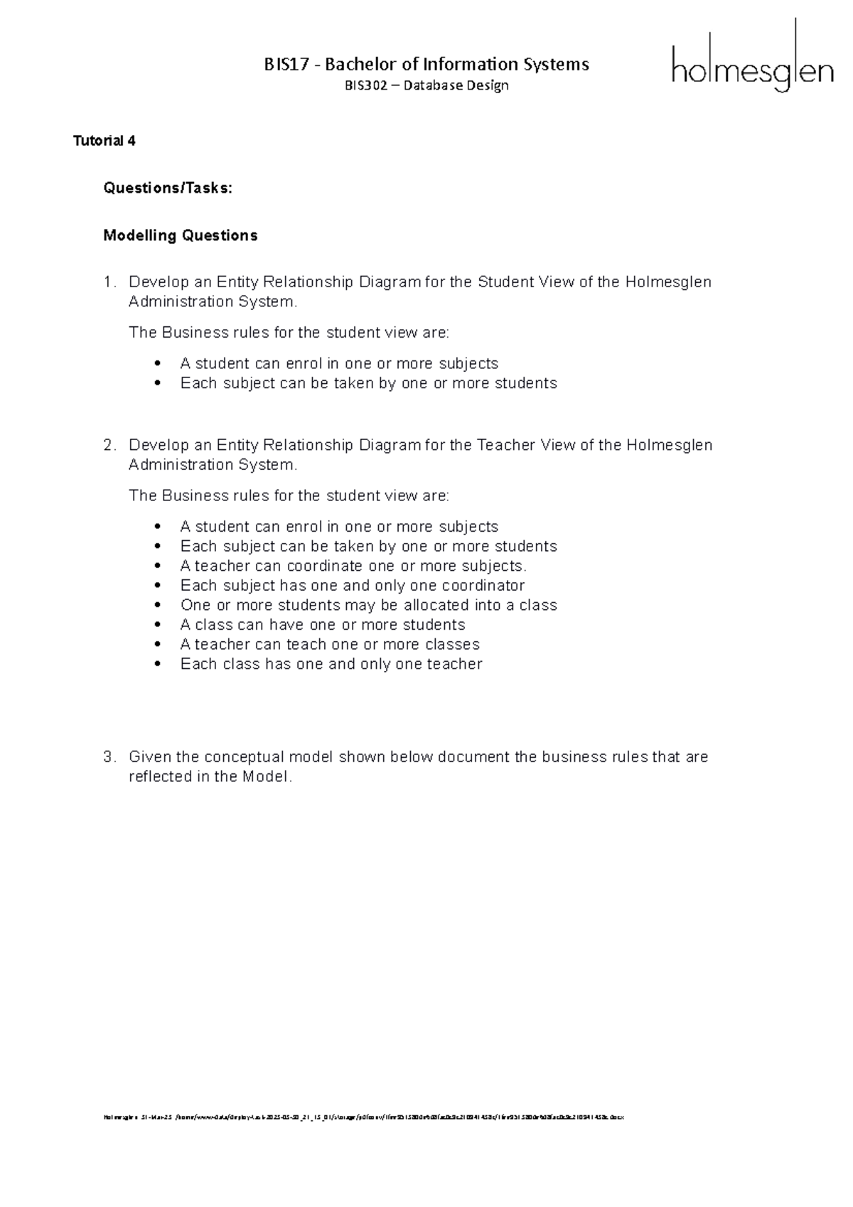 BIS302 Database Design Tutorial 4 - BIS17 - Bachelor of Information Systems BIS302 – Database ...