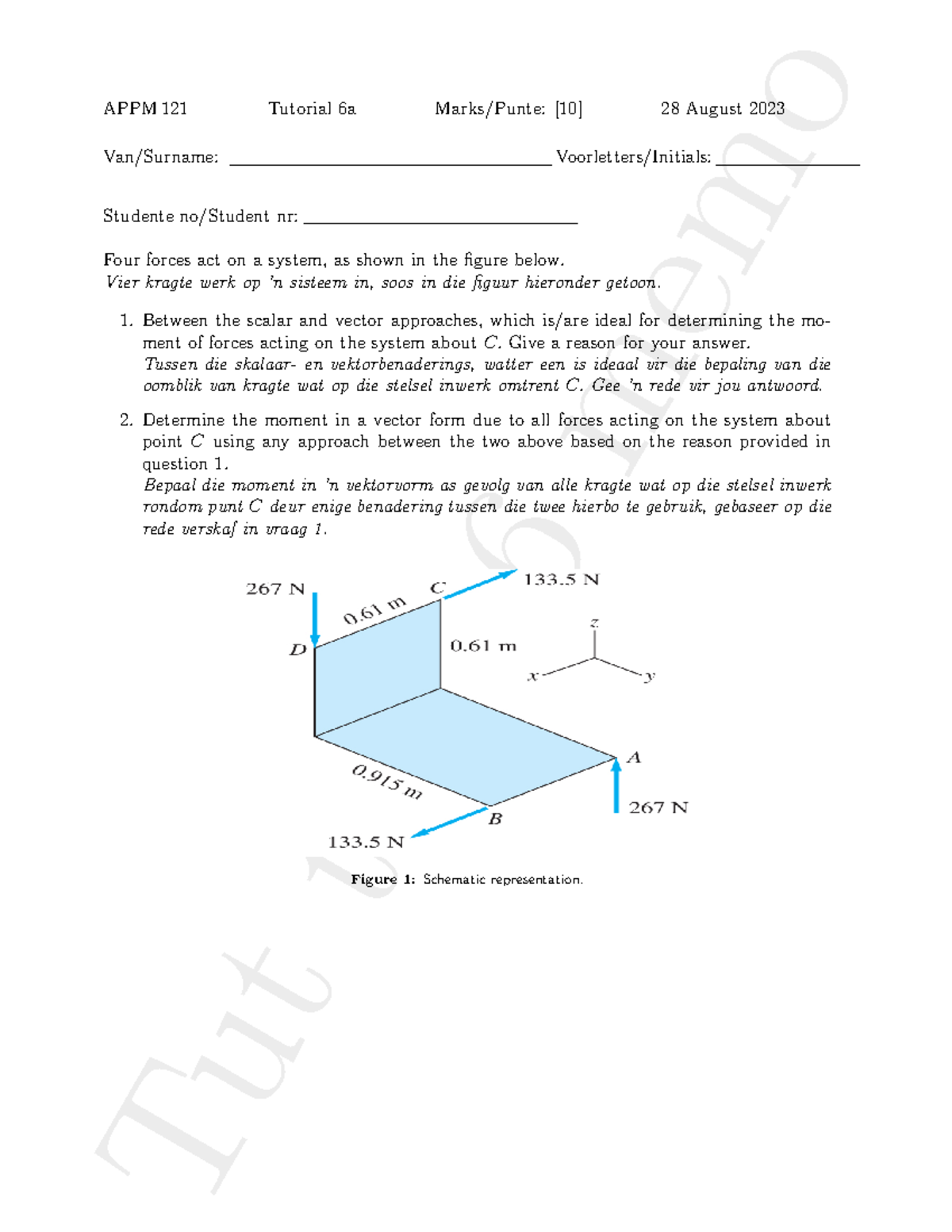 Tutorial 6 2023 - APPM 121 Tutorial 6a Marks/Punte: [10] 28 August 2023 Van/Surname: - Studocu