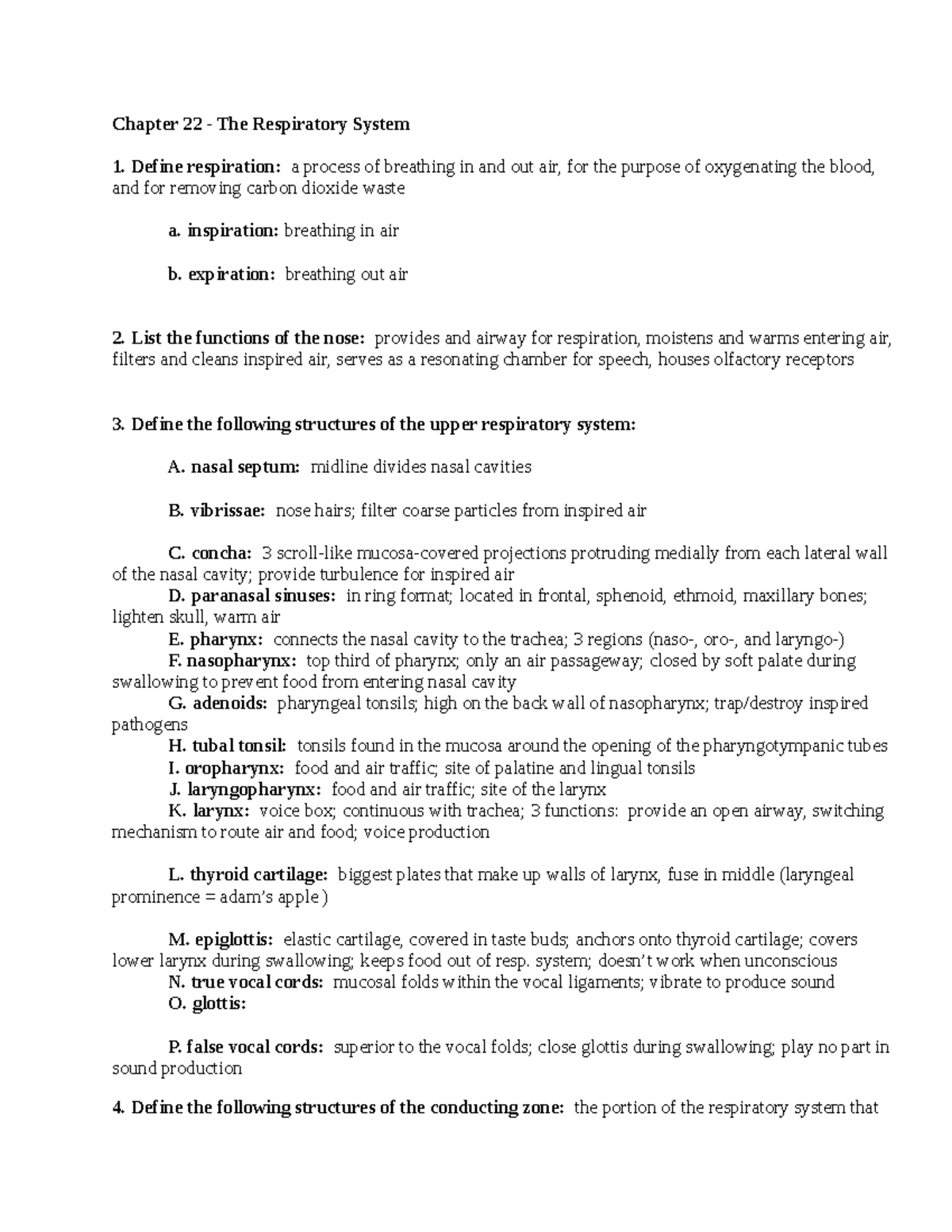 Respiratory System: Functions Structures and Processes - Studocu