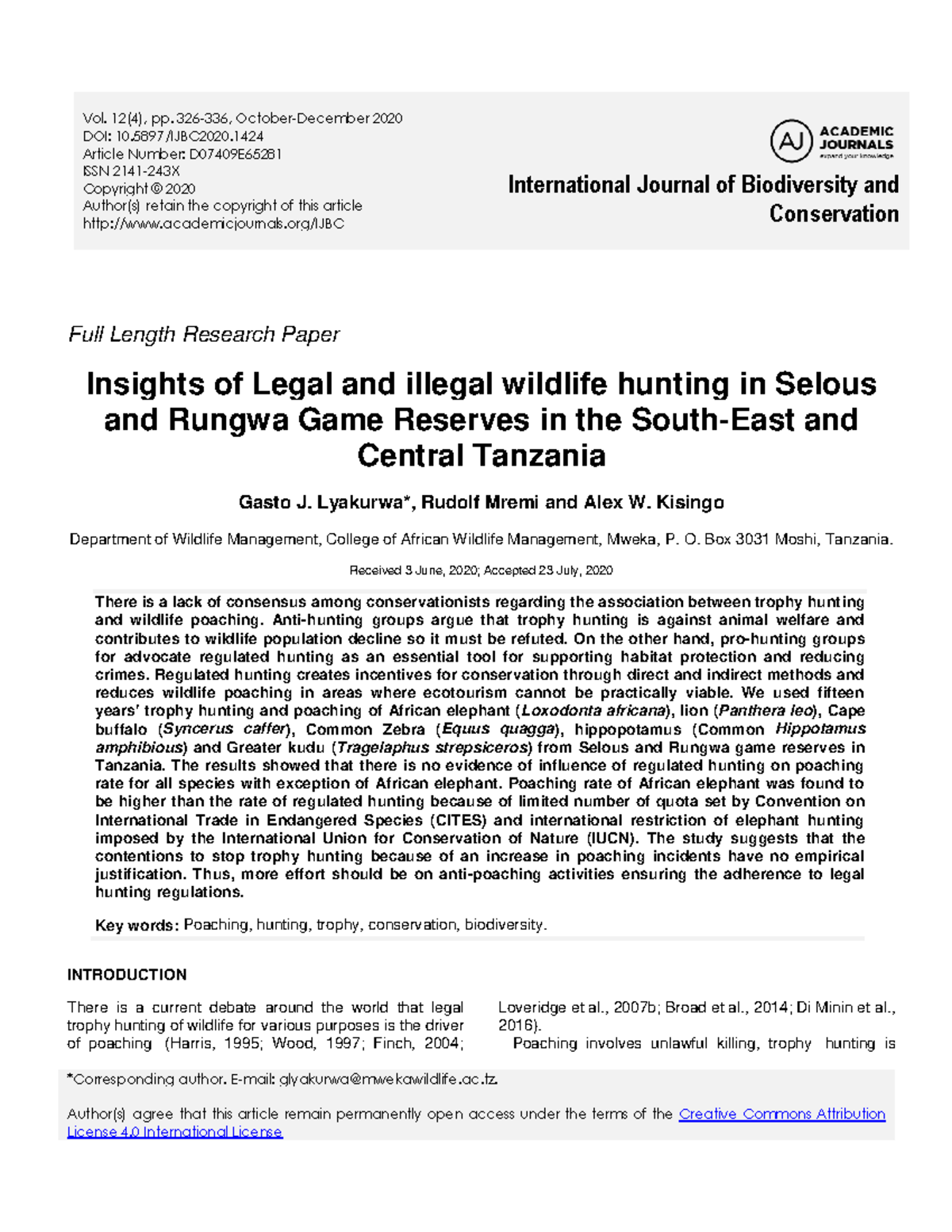 Legal and illegal hunting - Vol. 12(4), pp. 326-336, October-December ...