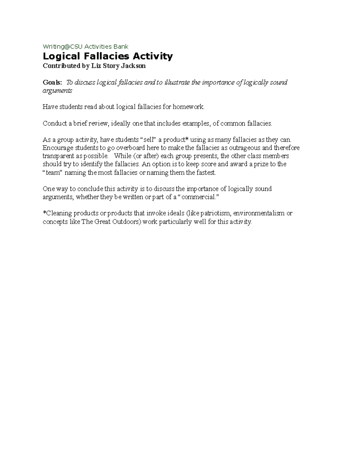 Fallacies jackson - philo - Writing@CSU Activities Bank Logical ...