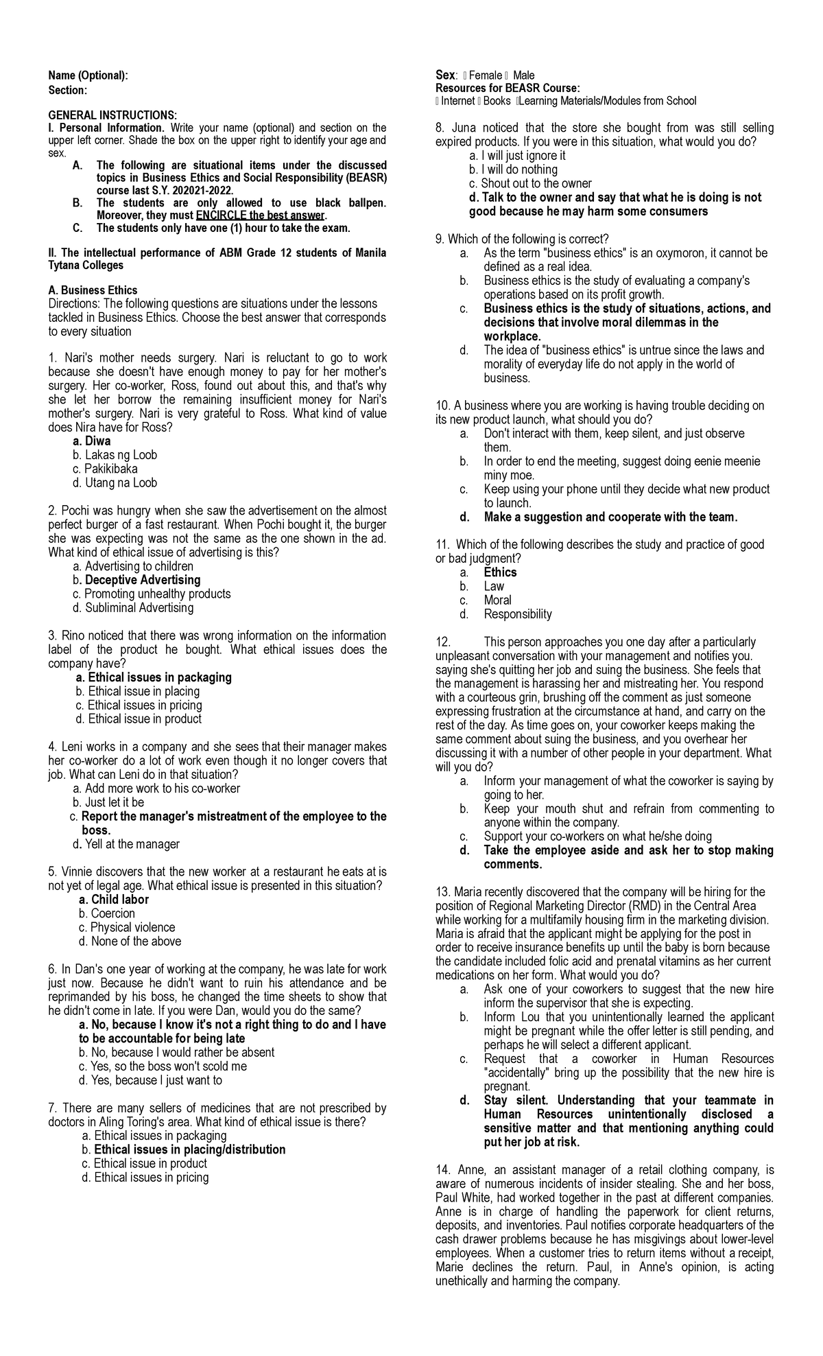 Beasr EXAM - Review review - Name (Optional): Section: GENERAL ...