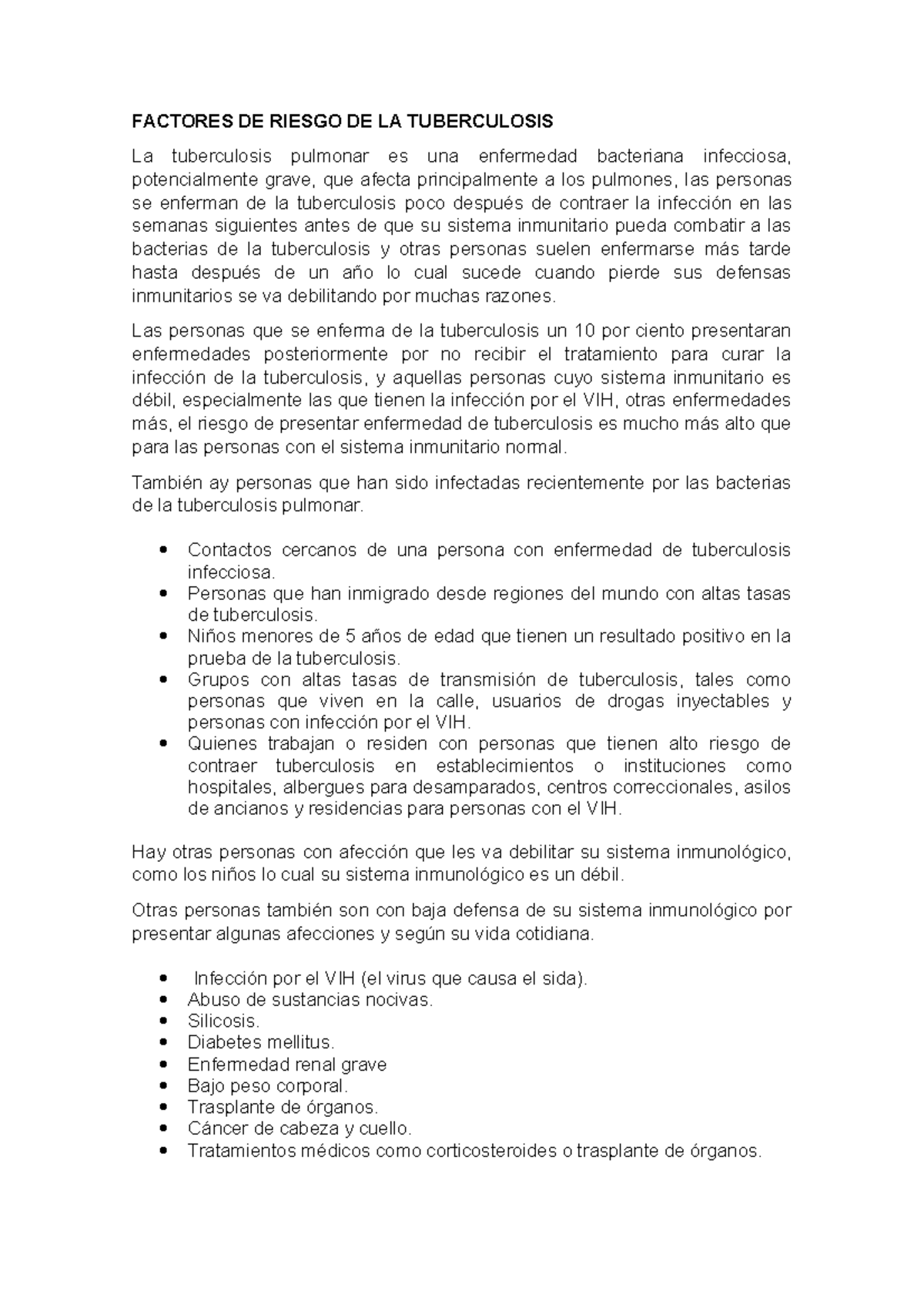 Factores DE Riesgo DE LA Tuberculosis Pulmonar - FACTORES DE RIESGO DE ...