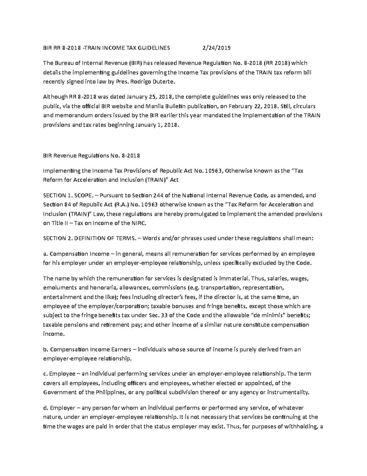 BIR RR 8-2018 - Lecture notes 2 - BIR RR 8-2018 -TRAIN INCOME TAX ...