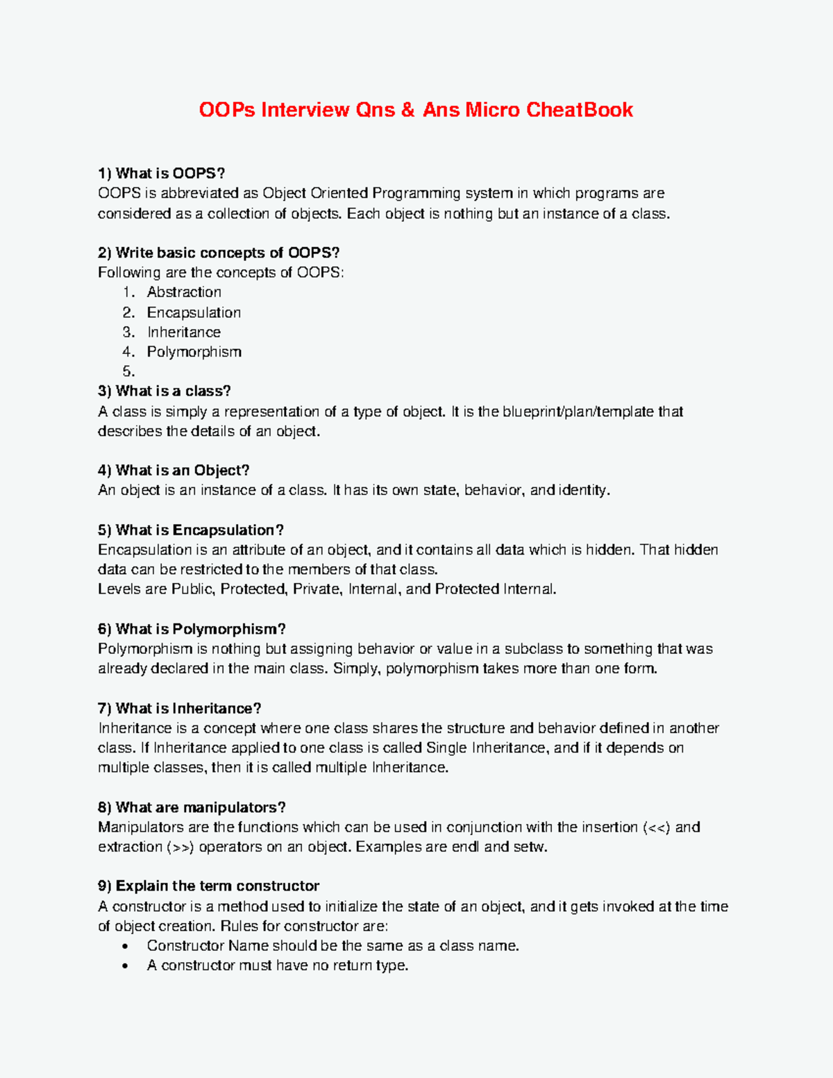 OOPs Interview Question - OOPs Interview Qns & Ans Micro CheatBook What ...