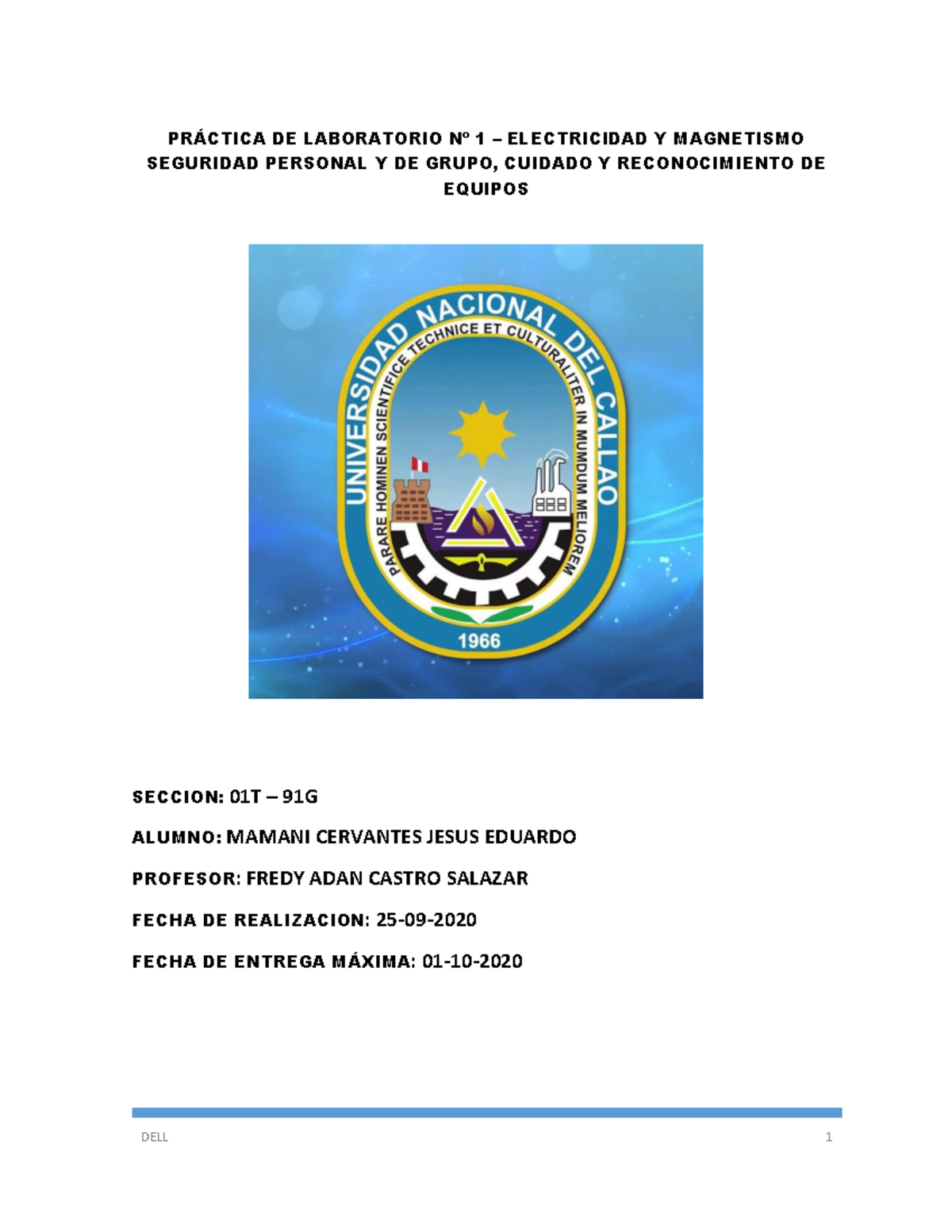 Informe 1 - PRÁCTICA DE LABORATORIO Nº 1 – ELECTRICIDAD Y MAGNETISMO SEGURIDAD PERSONAL - PR ...