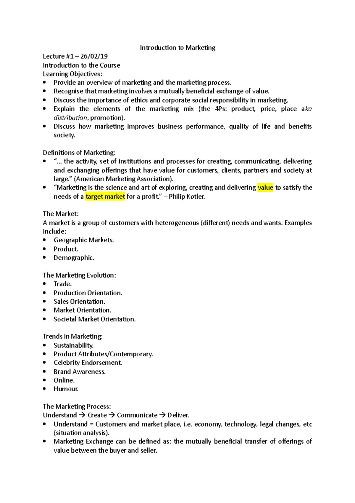 1003MKT Lecture Notes - Introduction to Marketing Lecture #1 – 26/02/19 ...
