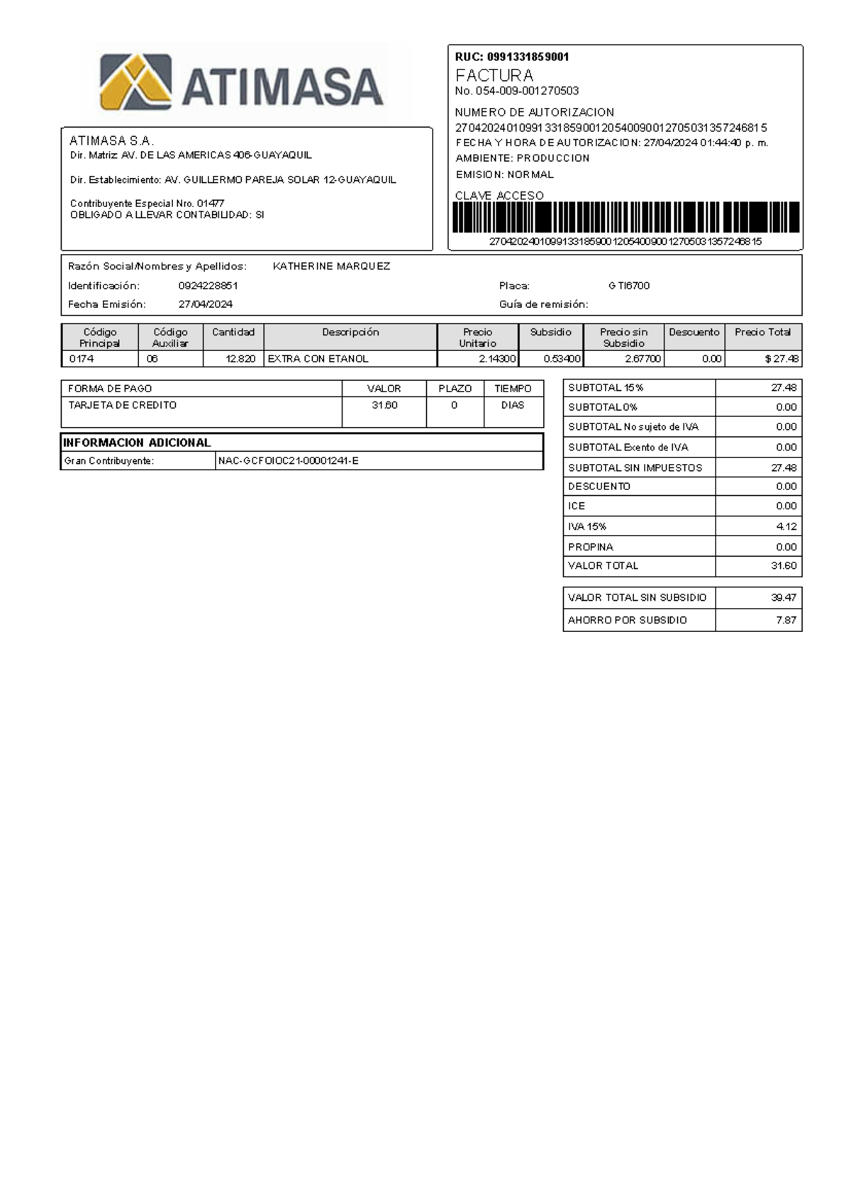 Atimasa 01 054 009 001270503 - KATHERINE MARQUEZ 27/04/ 0924228851 ...