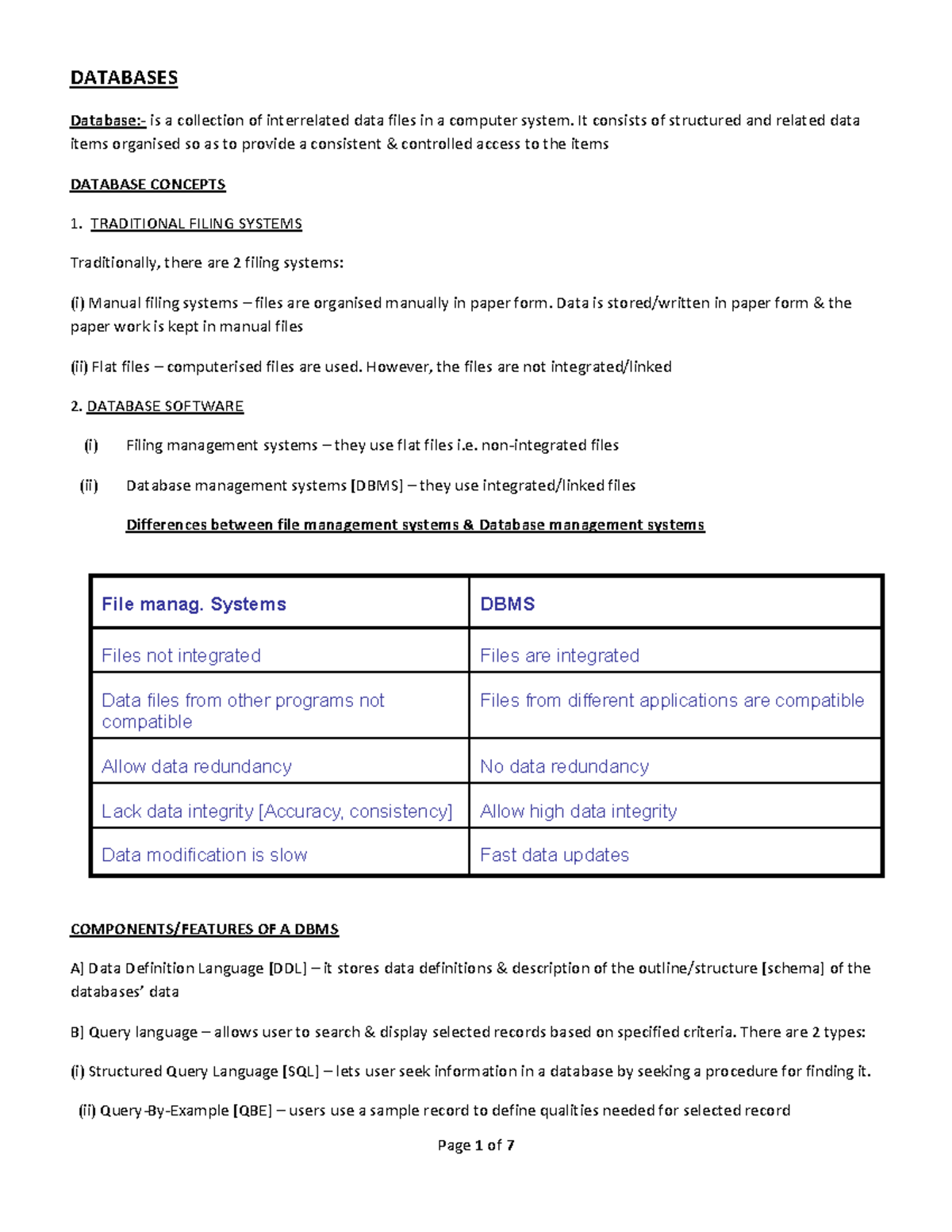 Database Management Systems Notes - DATABASES Database:- is a ...