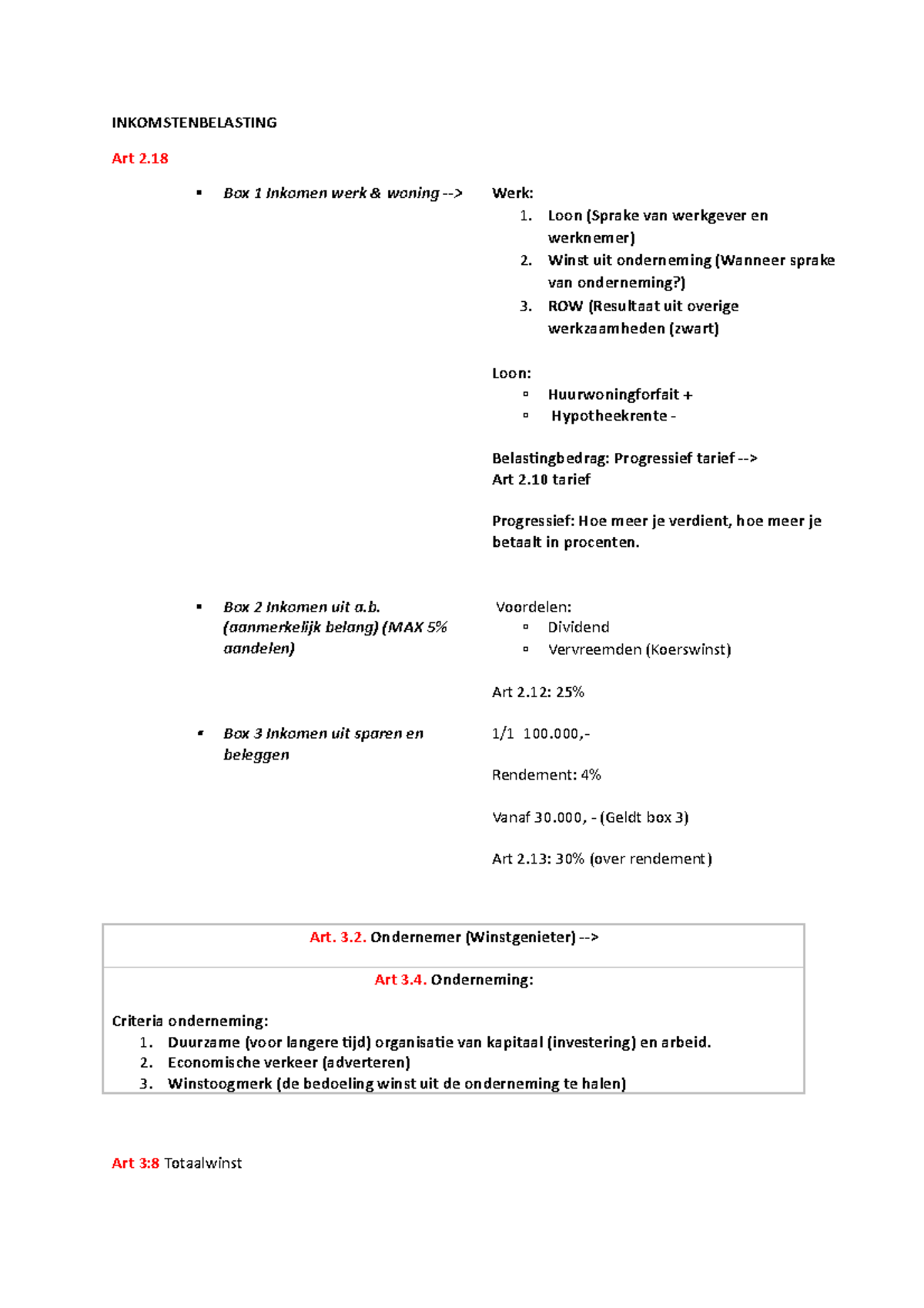 Fiscaalrecht aantekeningen - INKOMSTENBELASTING Art 2. Box 1 Inkomen ...