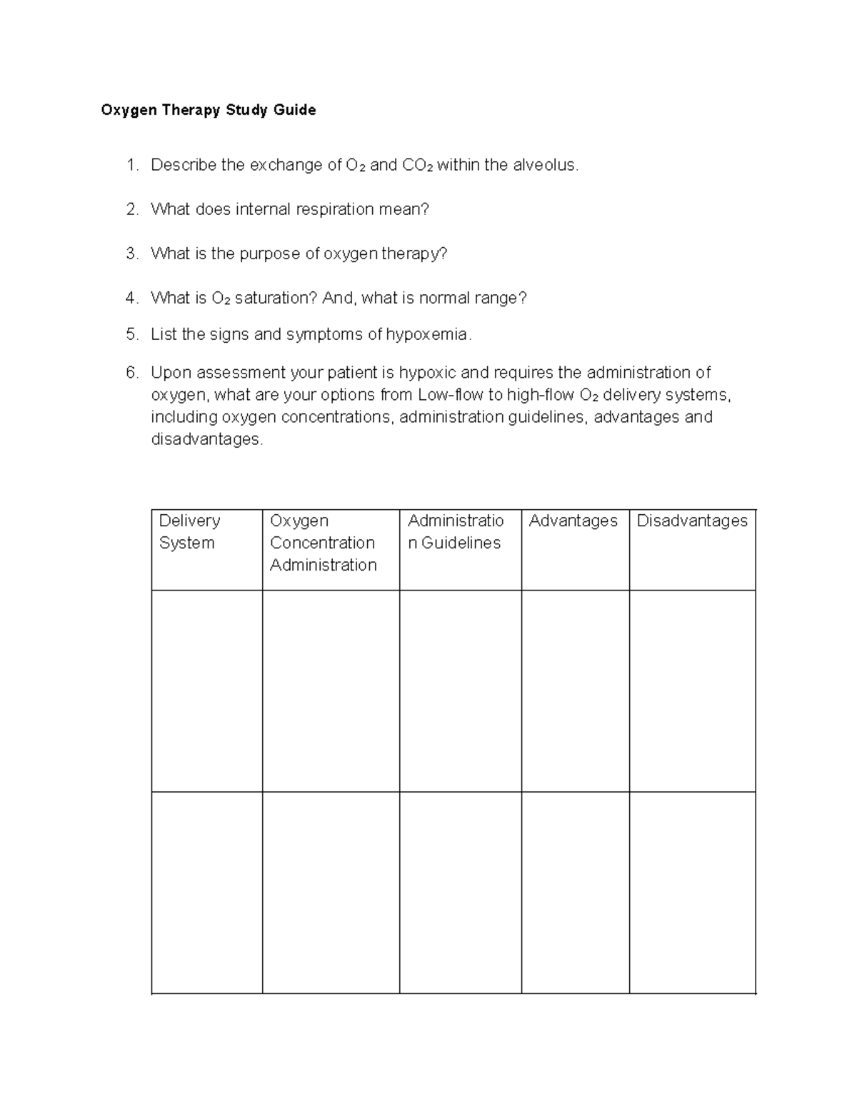 Oxygen Therapy Case Study (1) - Oxygen Therapy Study Guide 1. Describe ...