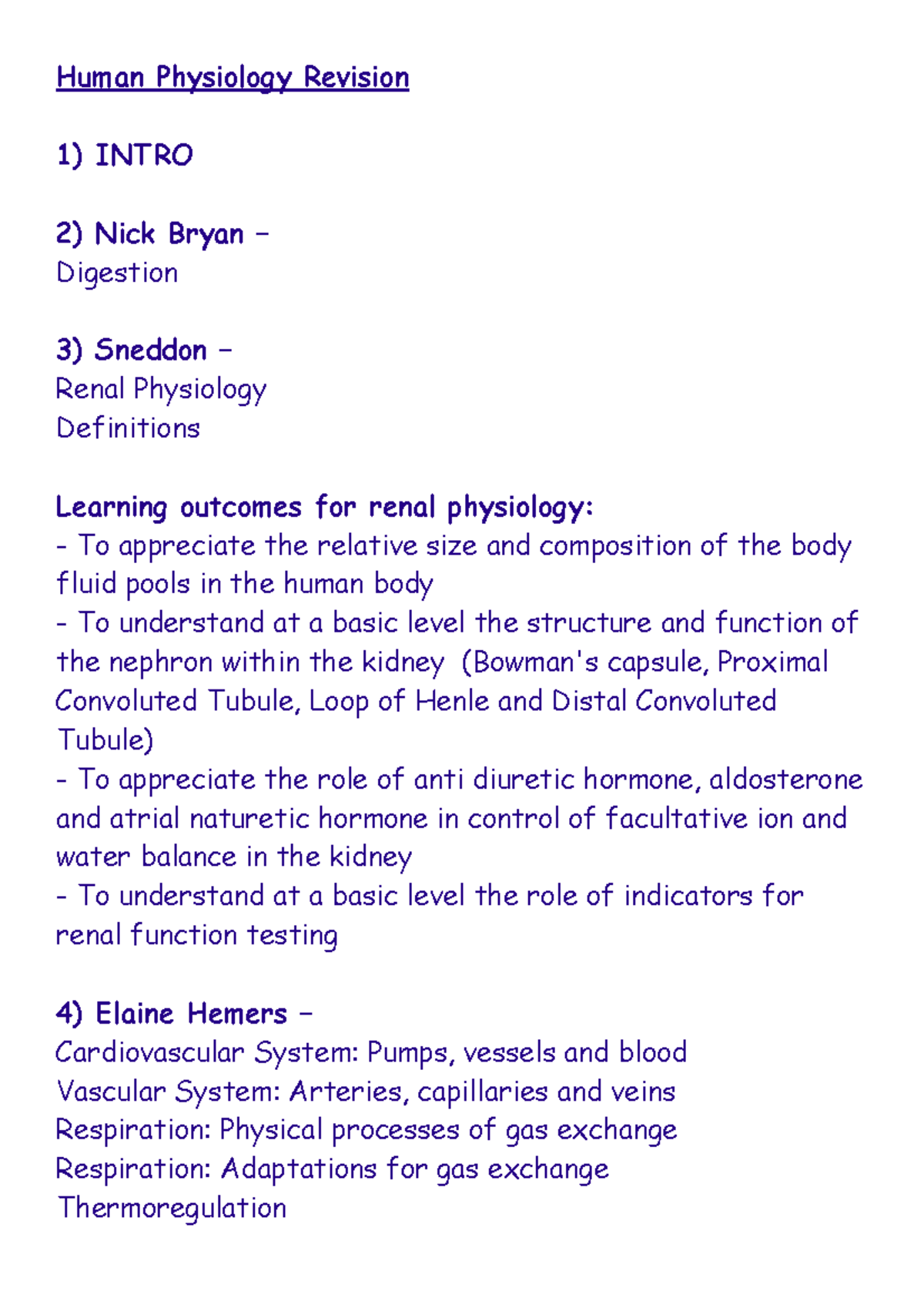 Human Physiology revision notes - Human Physiology Revision 1) INTRO 2 ...