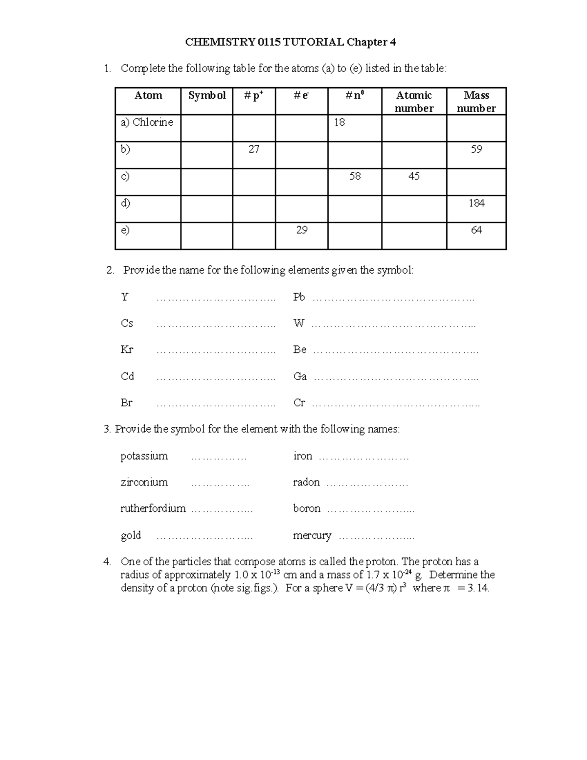 Chem 0115 Tutorial 3 Chapter 4 atomic structure - CHEMISTRY 0115 ...