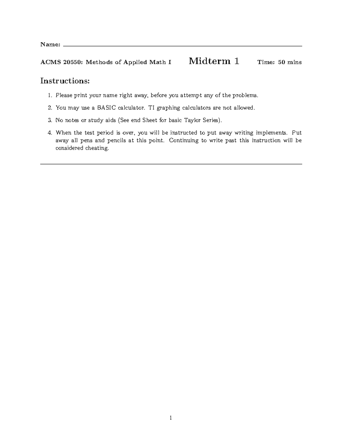 Midterm 1 - Pruitt - Name: ACMS 20550: Methods of Applied Math I ...