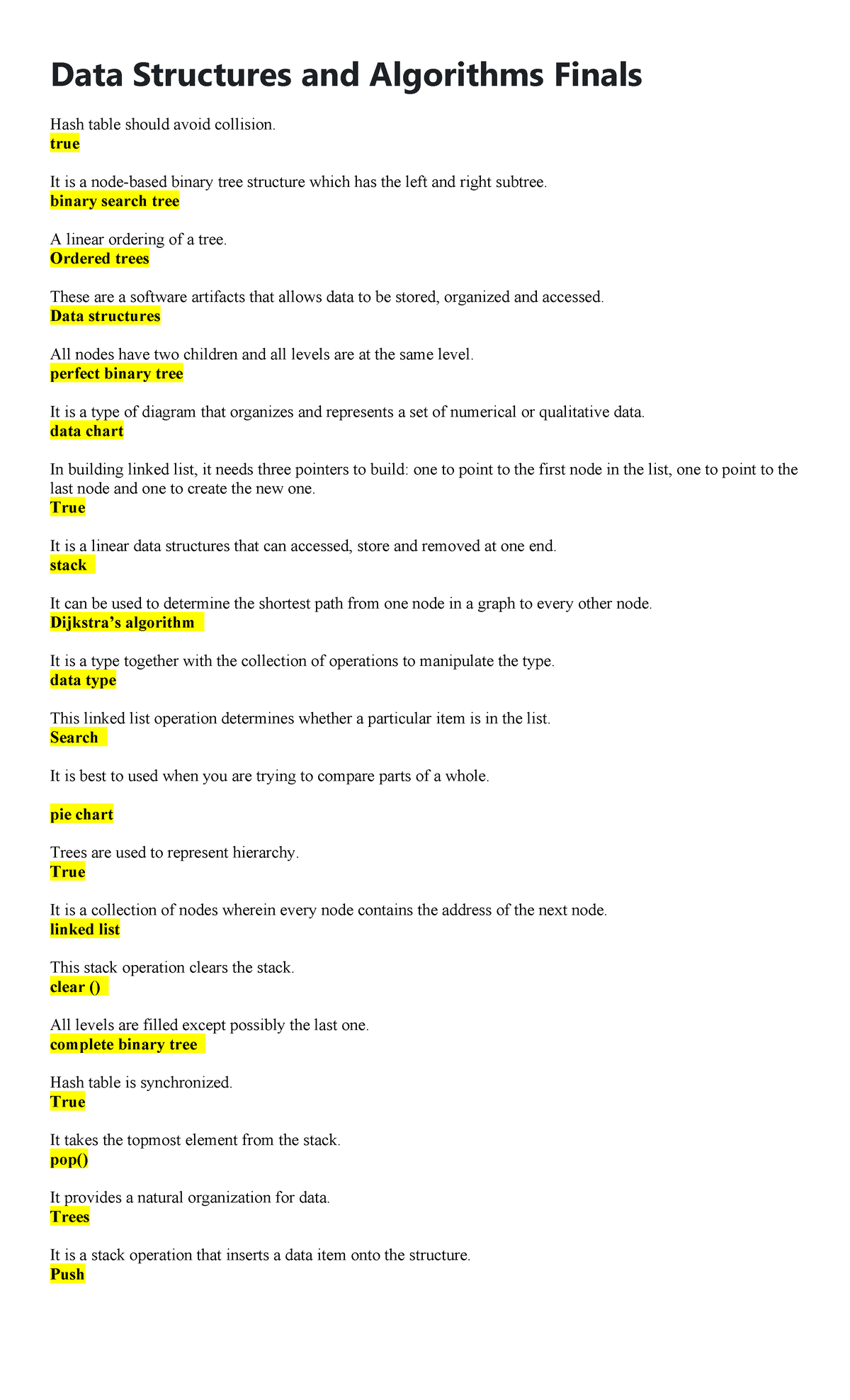 Data Structures And Algorithms Finals True It Is A Node Based Binary