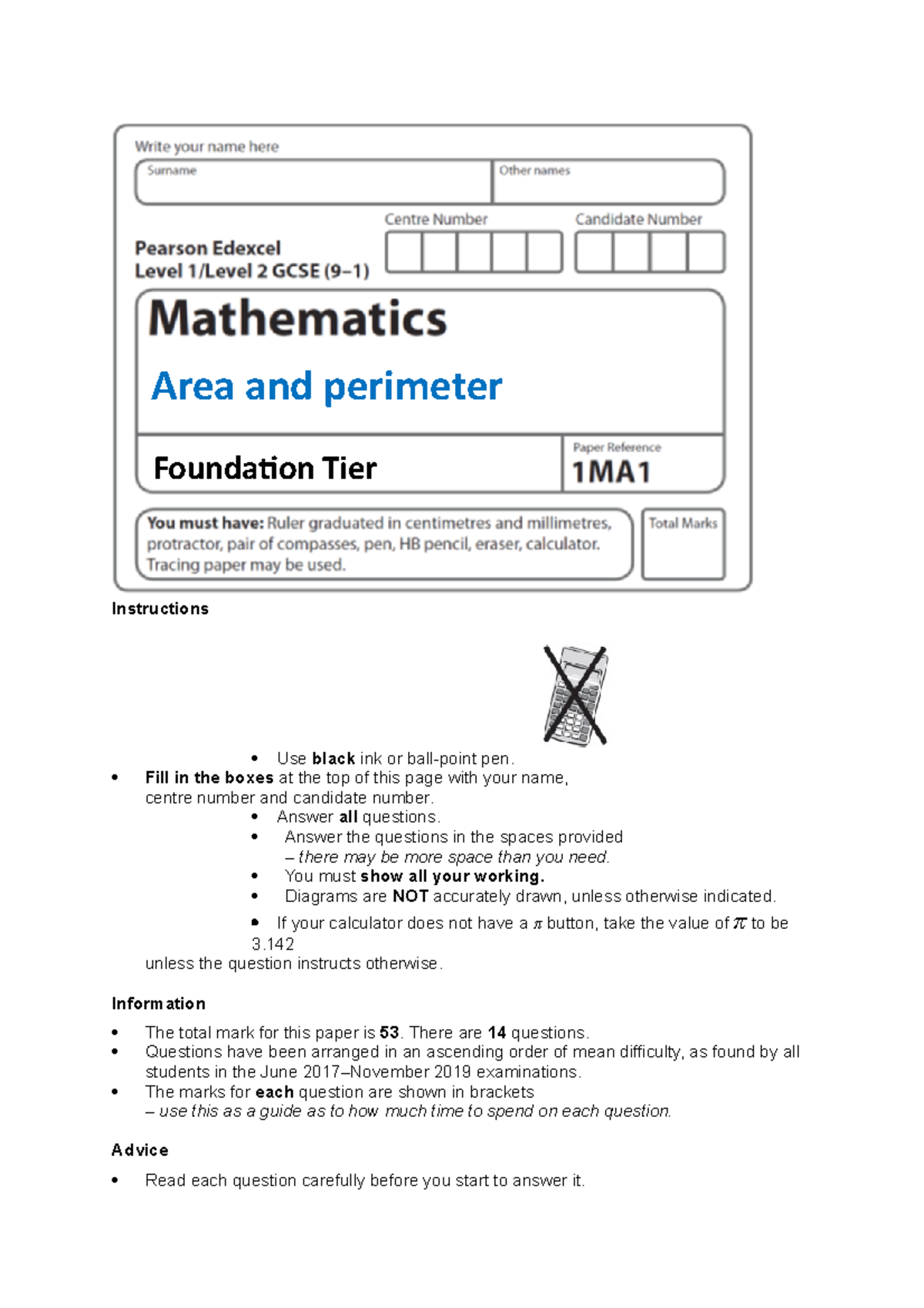 04a Area and Perimeter F v3 - Instructions Use black ink or ball-point ...