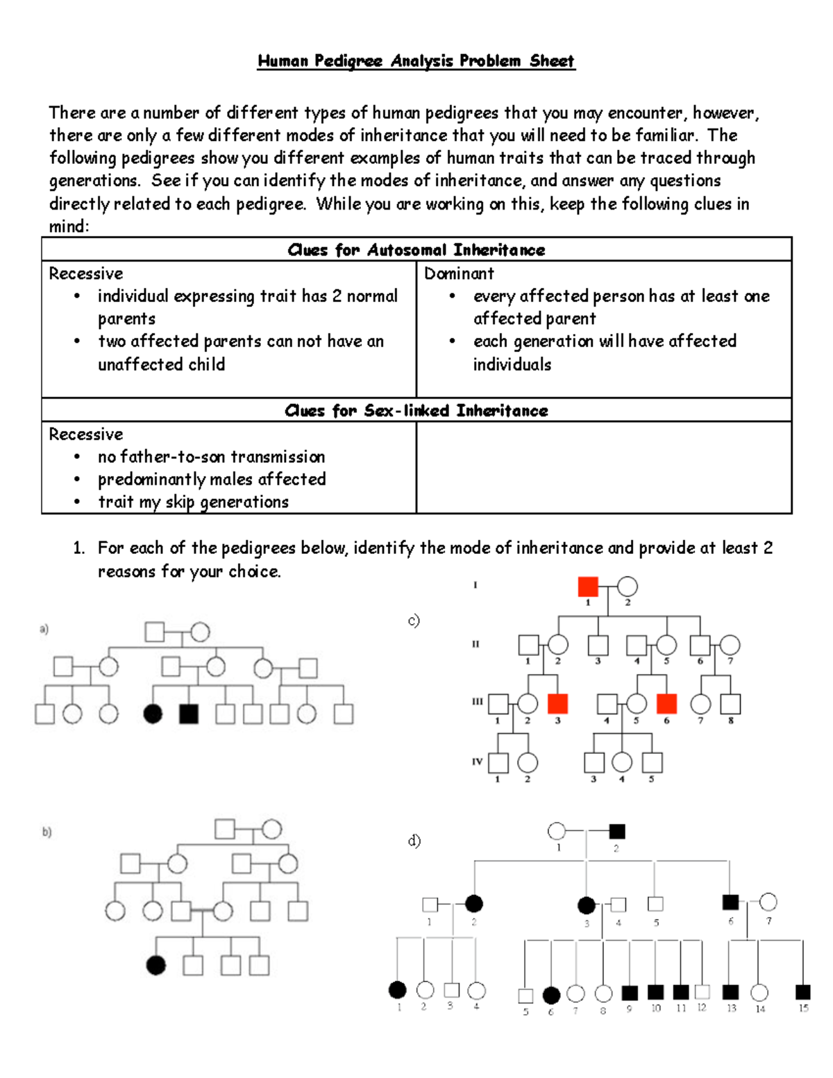 7. Pedigree Practice - Human Pedigree Analysis Problem Sheet There are ...