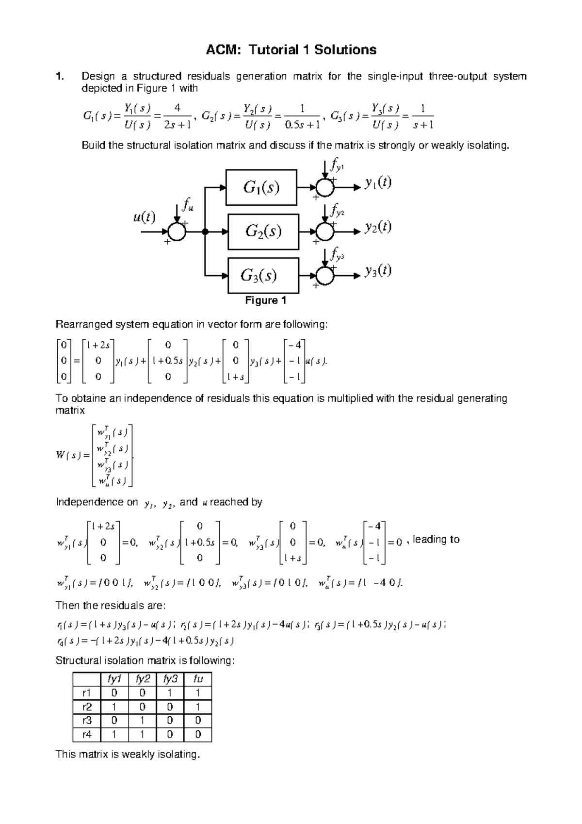 Acm Fdd Tutorial Solutions Acm Tutorial 1 Solutions Design A Structured Residuals Generation