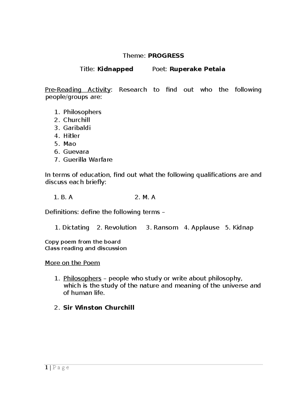 Kidnapped - Notes - Theme: PROGRESS Title: Kidnapped Poet: Ruperake ...