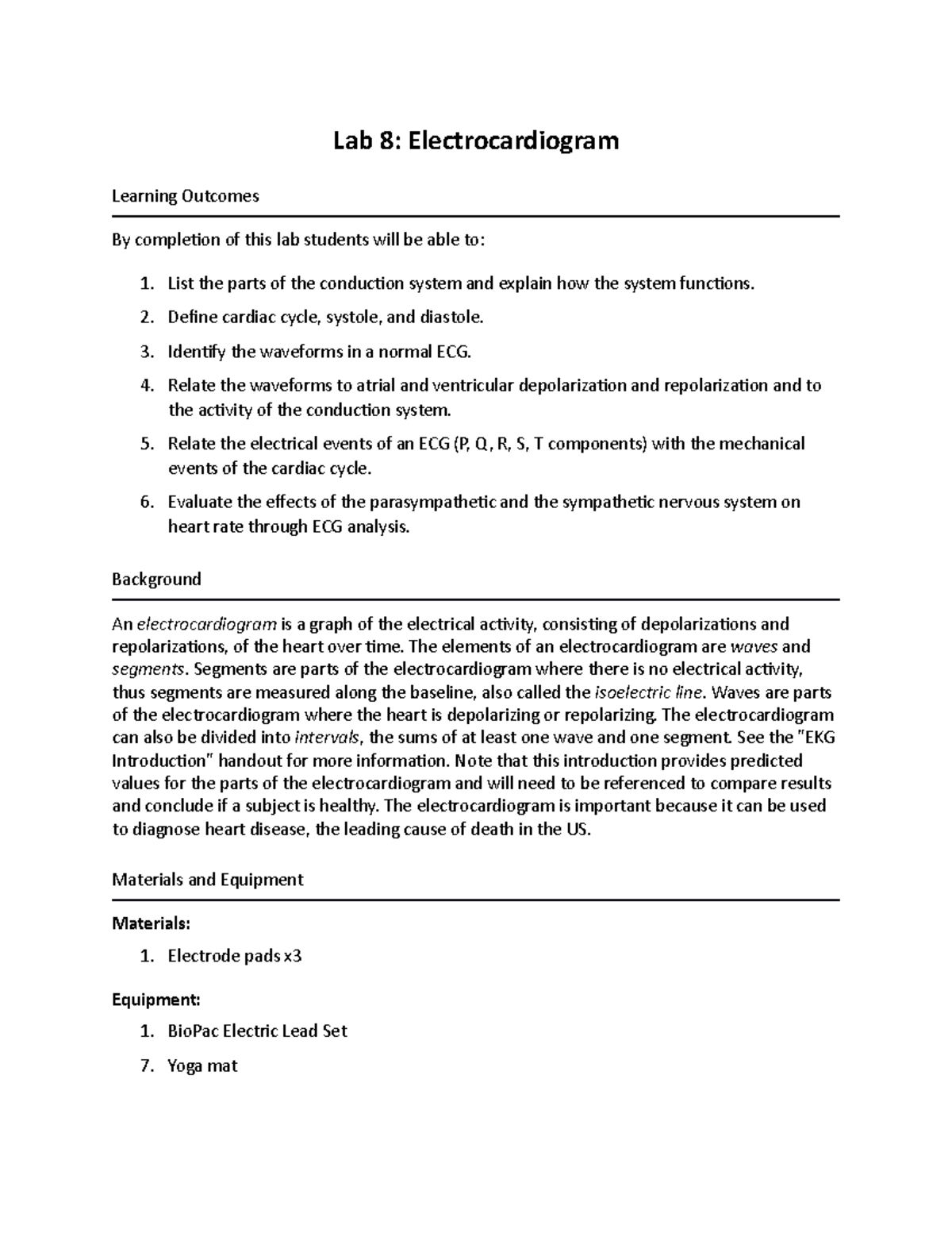 BIO 235L Lab 8 - Lab 8: Electrocardiogram Learning Outcomes By ...