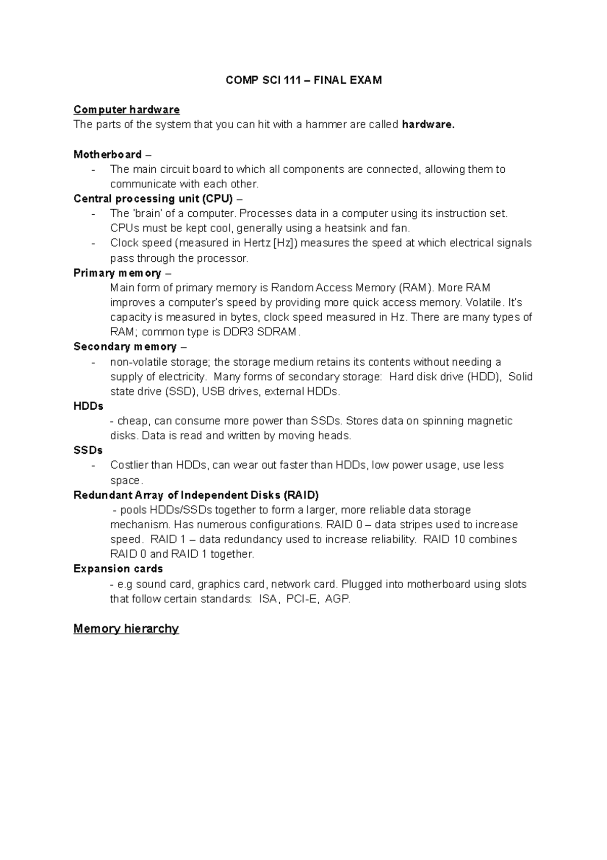 Compsci 111 Final Exam Notes Comp Sci 111 Final Exam Computer Hardware The Parts Of The 3011