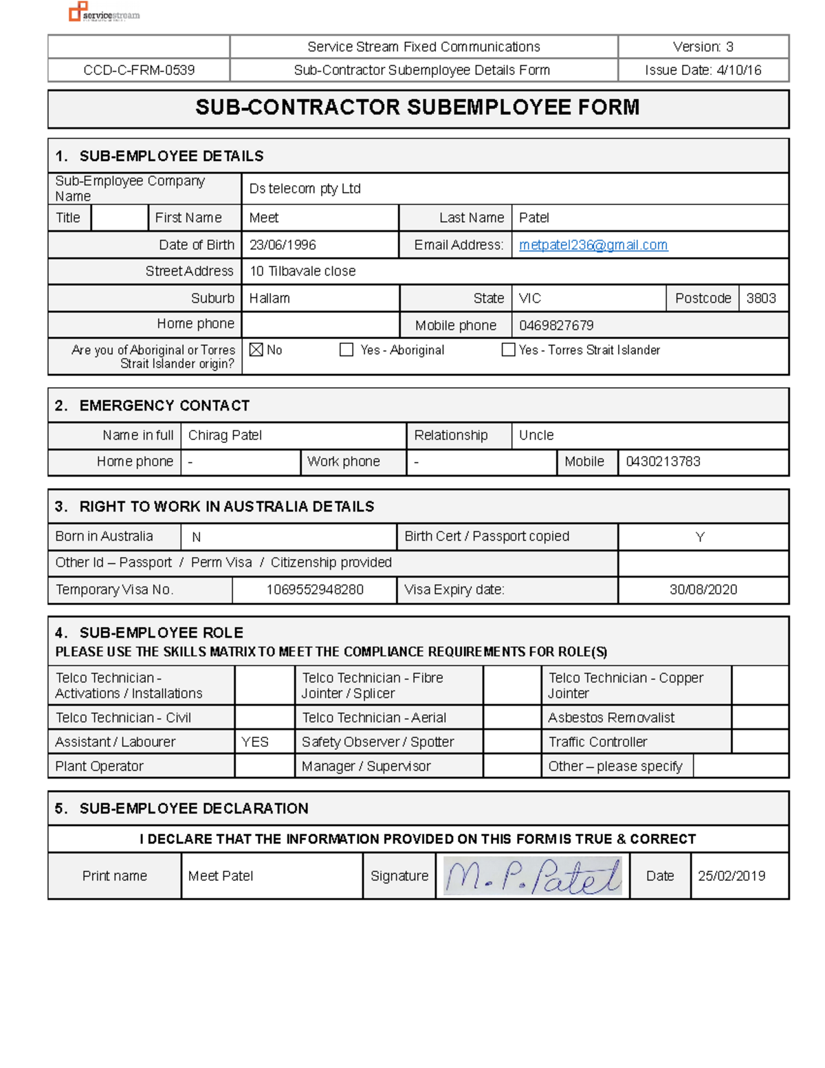 SUB- Contractor Subemployee FORM - CCD-C-FRM-0539 Service Stream Fixed ...