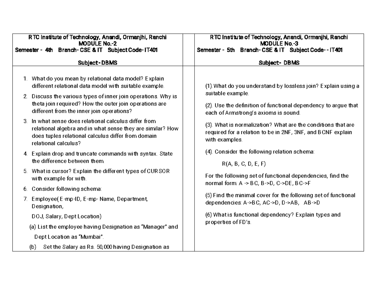 Dbms -module 2,3 - Lecture notes 1 - R T C I n s t i t u t e o f T e c ...