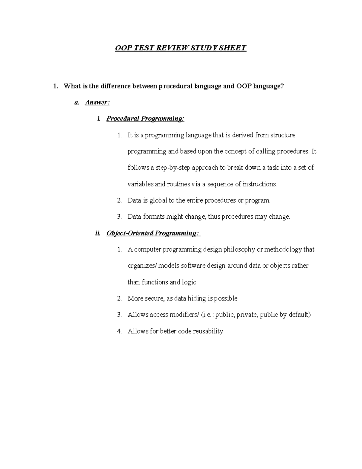 OOP EXAM 1 Review - OOP TEST REVIEW STUDY SHEET 1. What is the ...