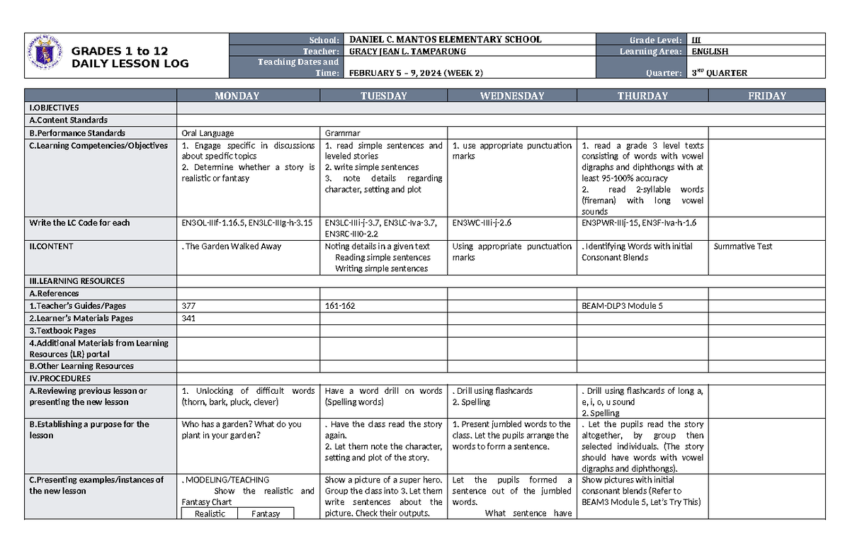 DLL English 3 Q3 W2 - GRADES 1 to 12 DAILY LESSON LOG School: DANIEL C. MANTOS ELEMENTARY SCHOOL ...