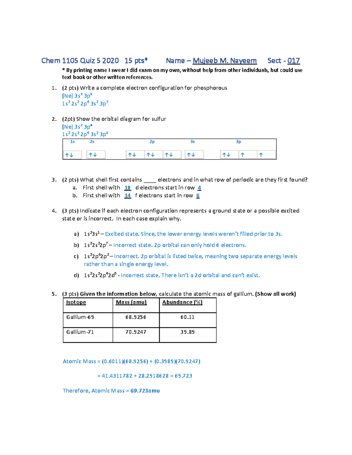 Chem 1105 Quiz 5 - Quiz - Chem 1105 Quiz 5 2020 15 pts* Name – Mujeeb M ...