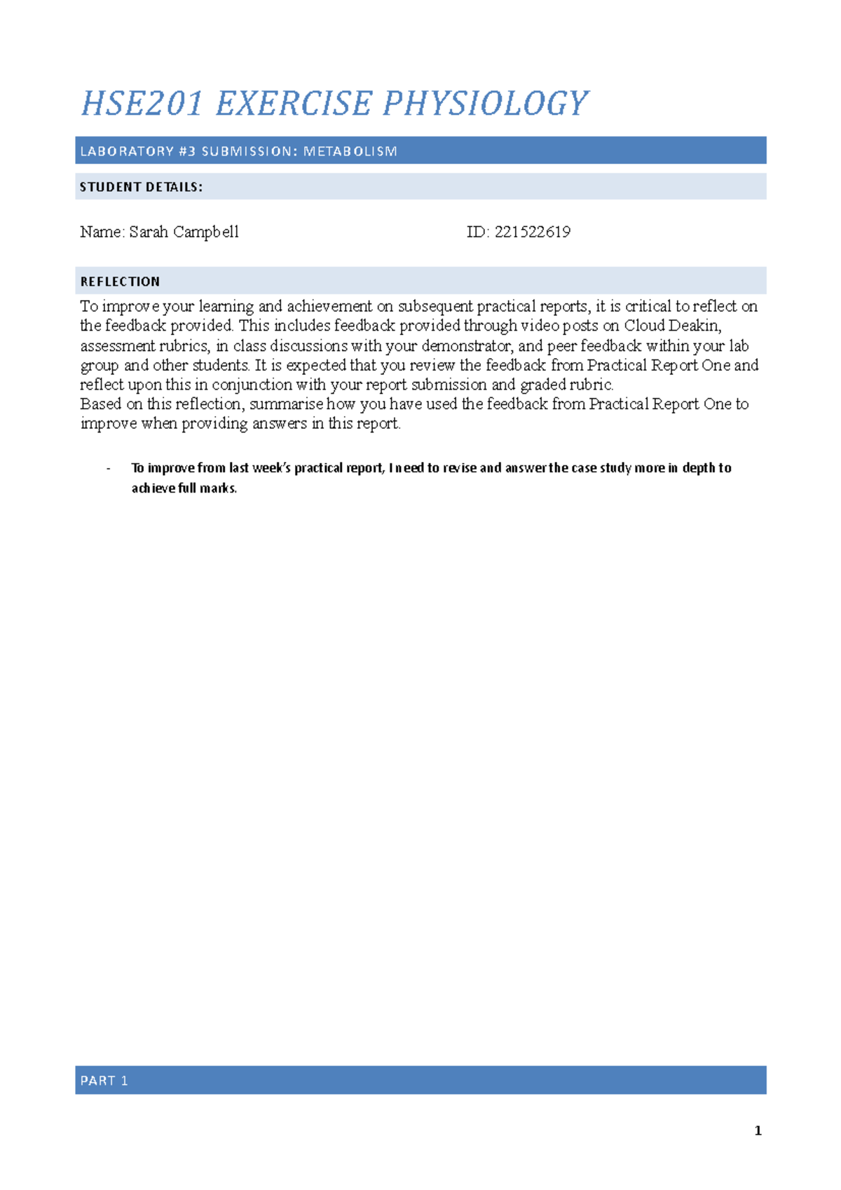 HSE201 Practical Report 3 - HSE201 EXERCISE PHYSIOLOGY LABORATORY #3 ...
