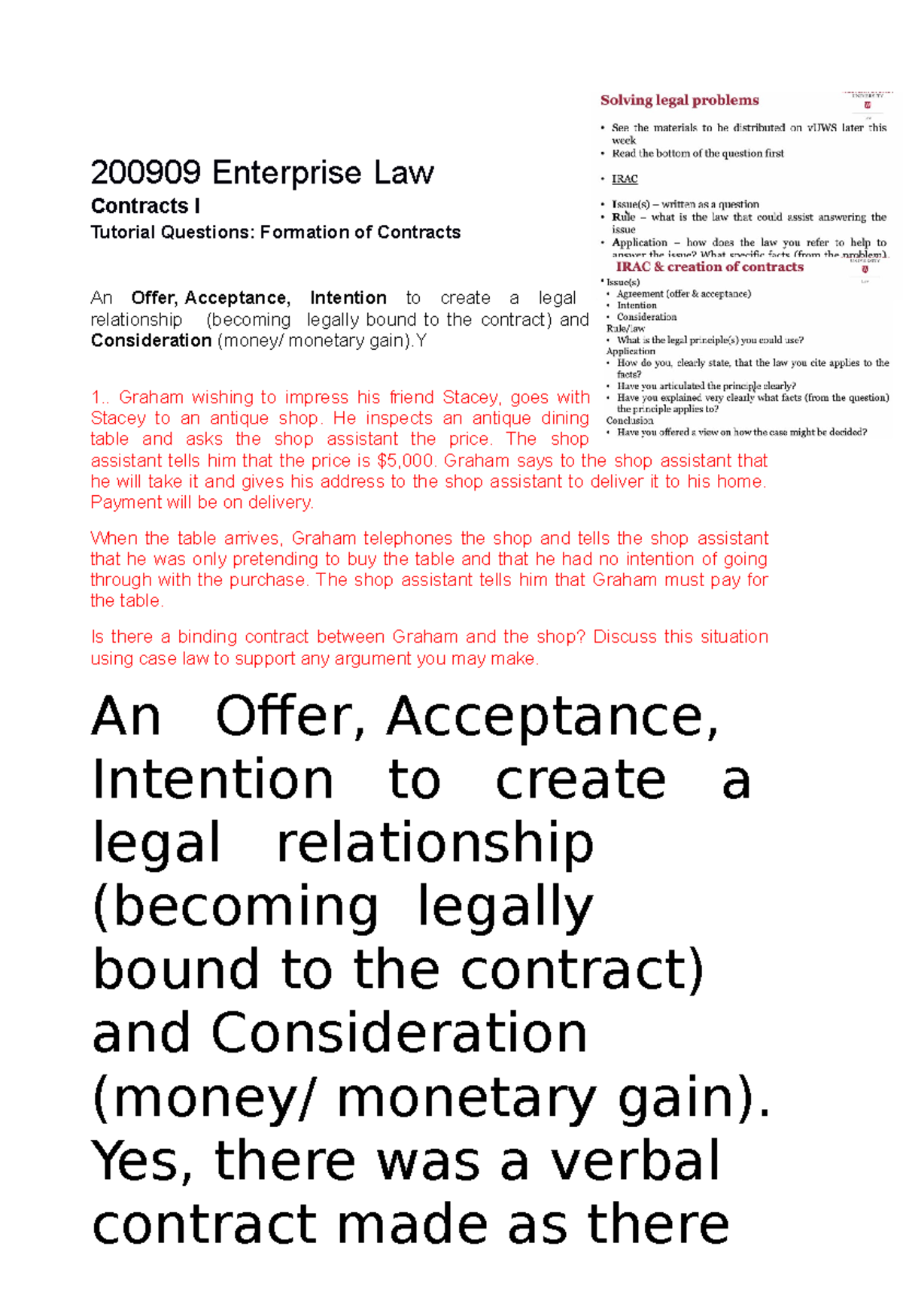 Contract Law tutorial work class 1 2021 - 200909 Enterprise Law Contracts I Tutorial Questions ...