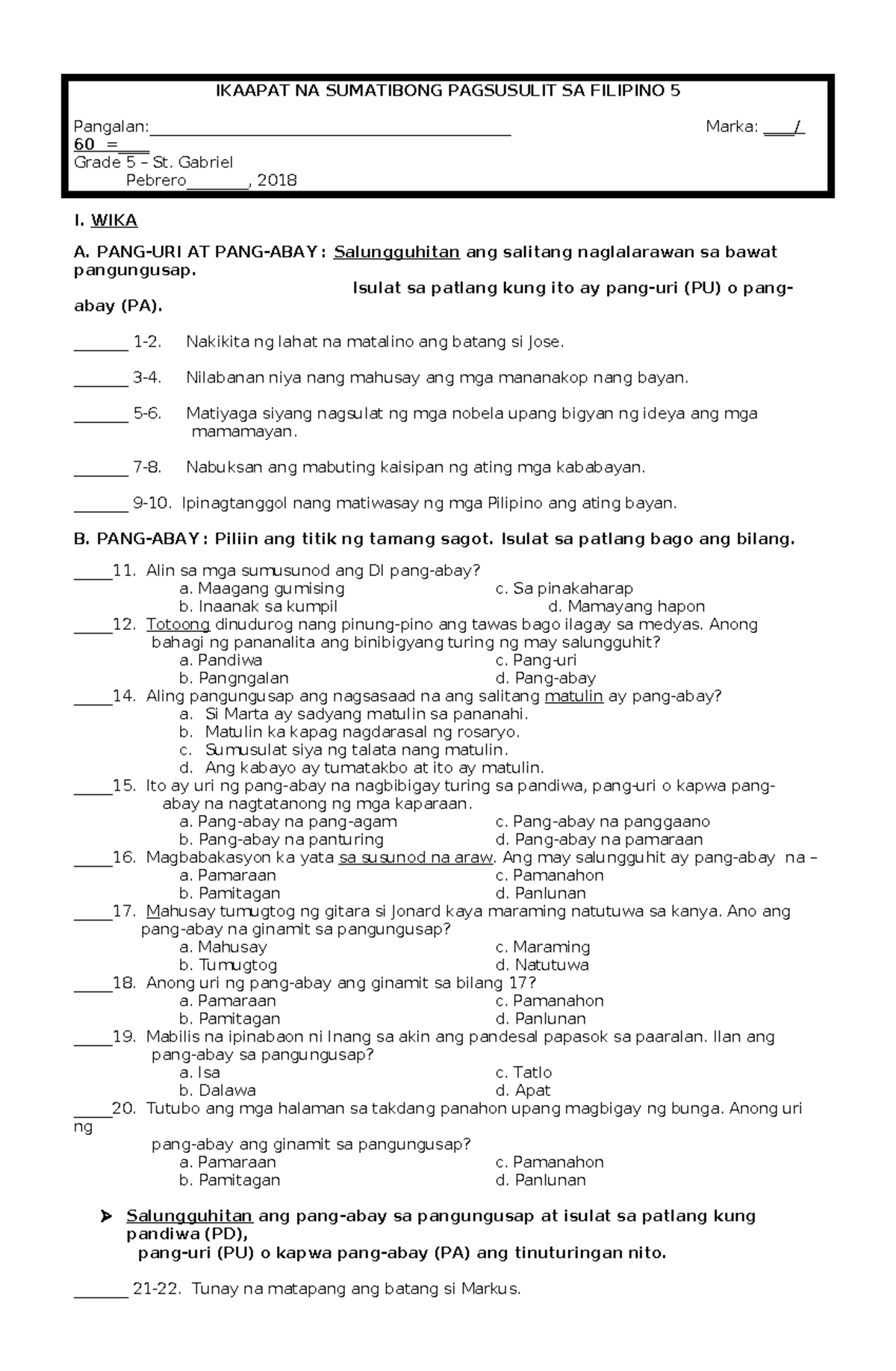 Filipino 5 - Practice exercise - IKAAPAT NA SUMATIBONG PAGSUSULIT SA ...