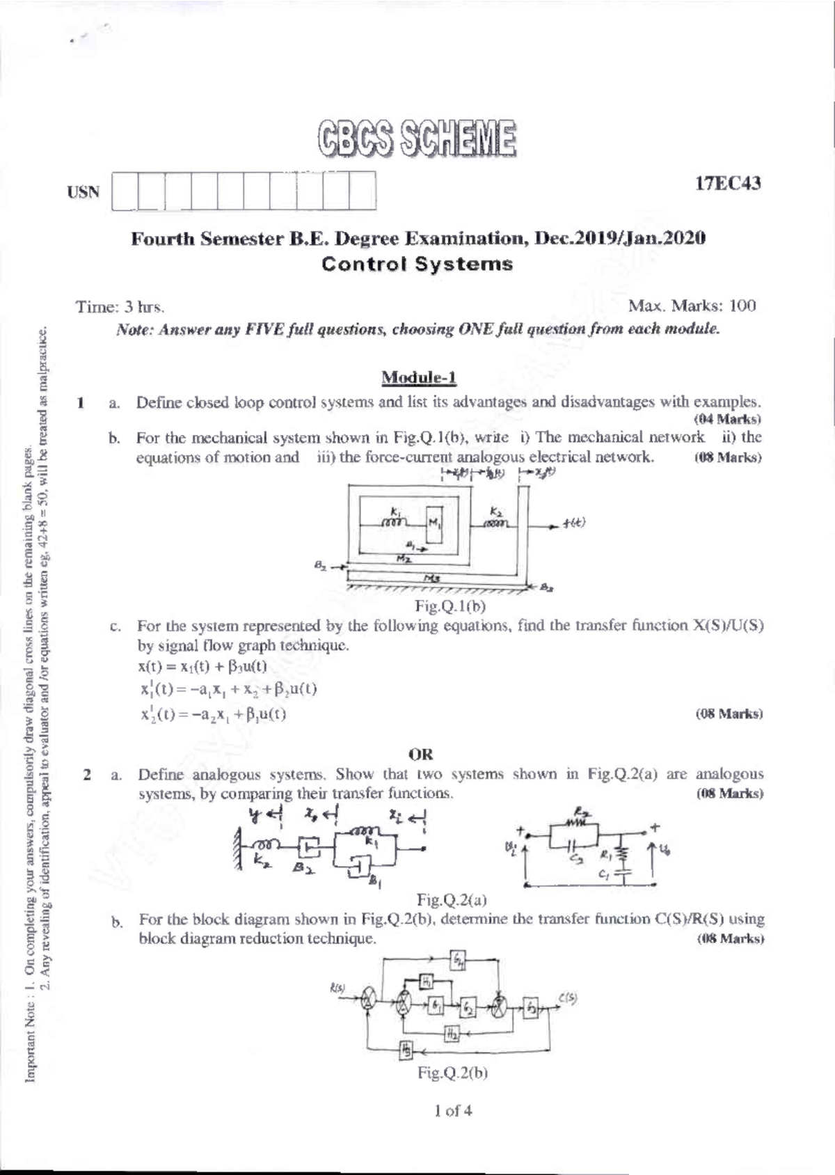 SCH 17EC43 - MQP - CBCS SCHEME 17EC43 USN Fourth Semester B. Degree Examination, Control Systems ...