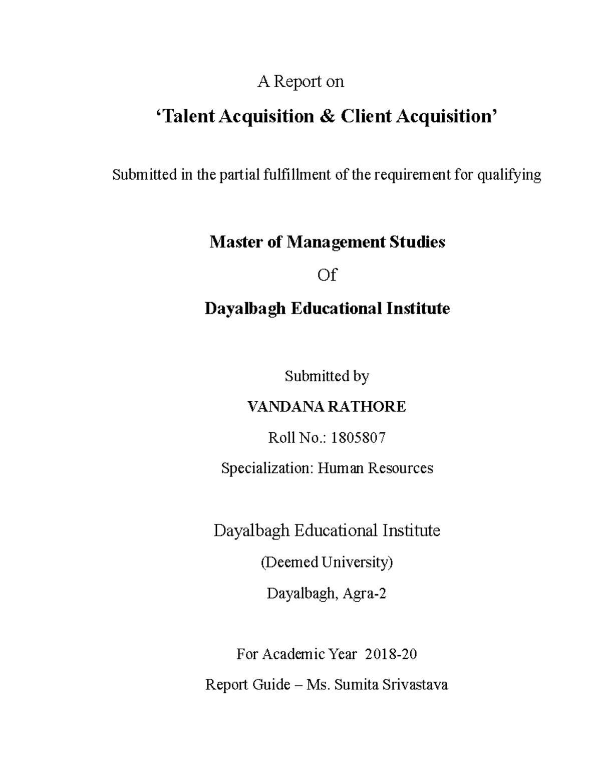 Vandana's Internship Report 2019 - A Report on ‘Talent Acquisition & Client Acquisition’ - Studocu