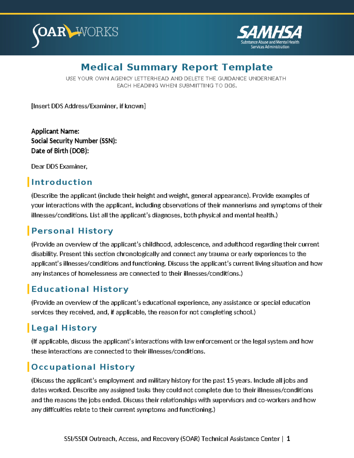 Medical Summary Report Template 0 - [Insert DDS Address/Examiner, if ...
