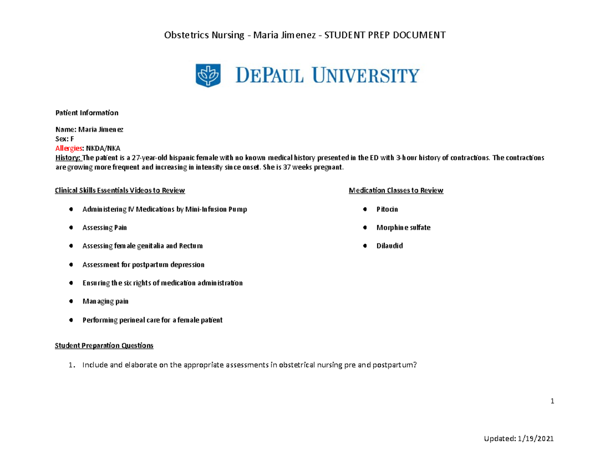 440 Student Prep Document - Maria Jimenez - Obstetrics Nursing - Maria ...