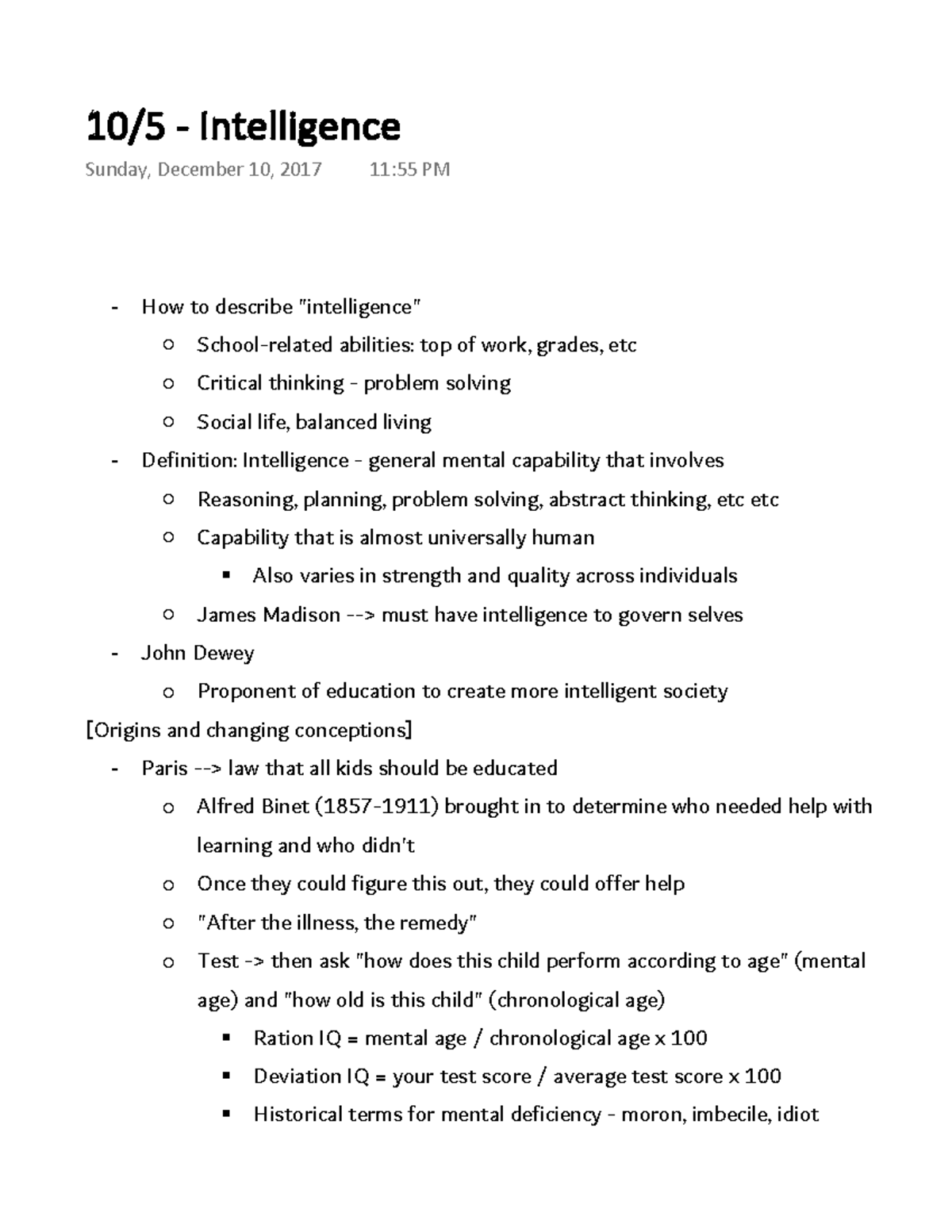105 - Intelligence - Lecture notes 10 - Intelligence Sunday, December ...