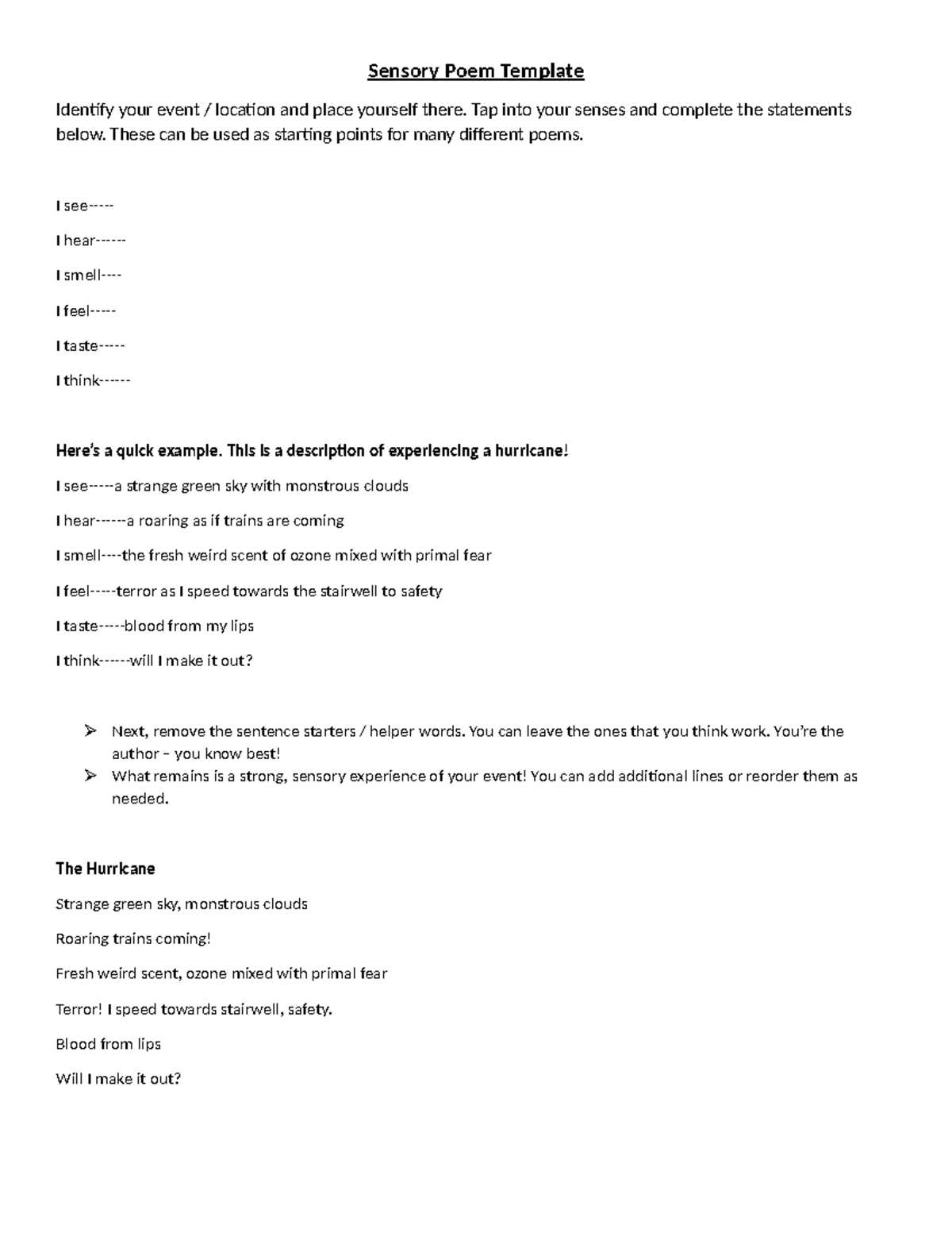 Poetry Sentence Starters for egls - Sensory Poem Template Identify your ...