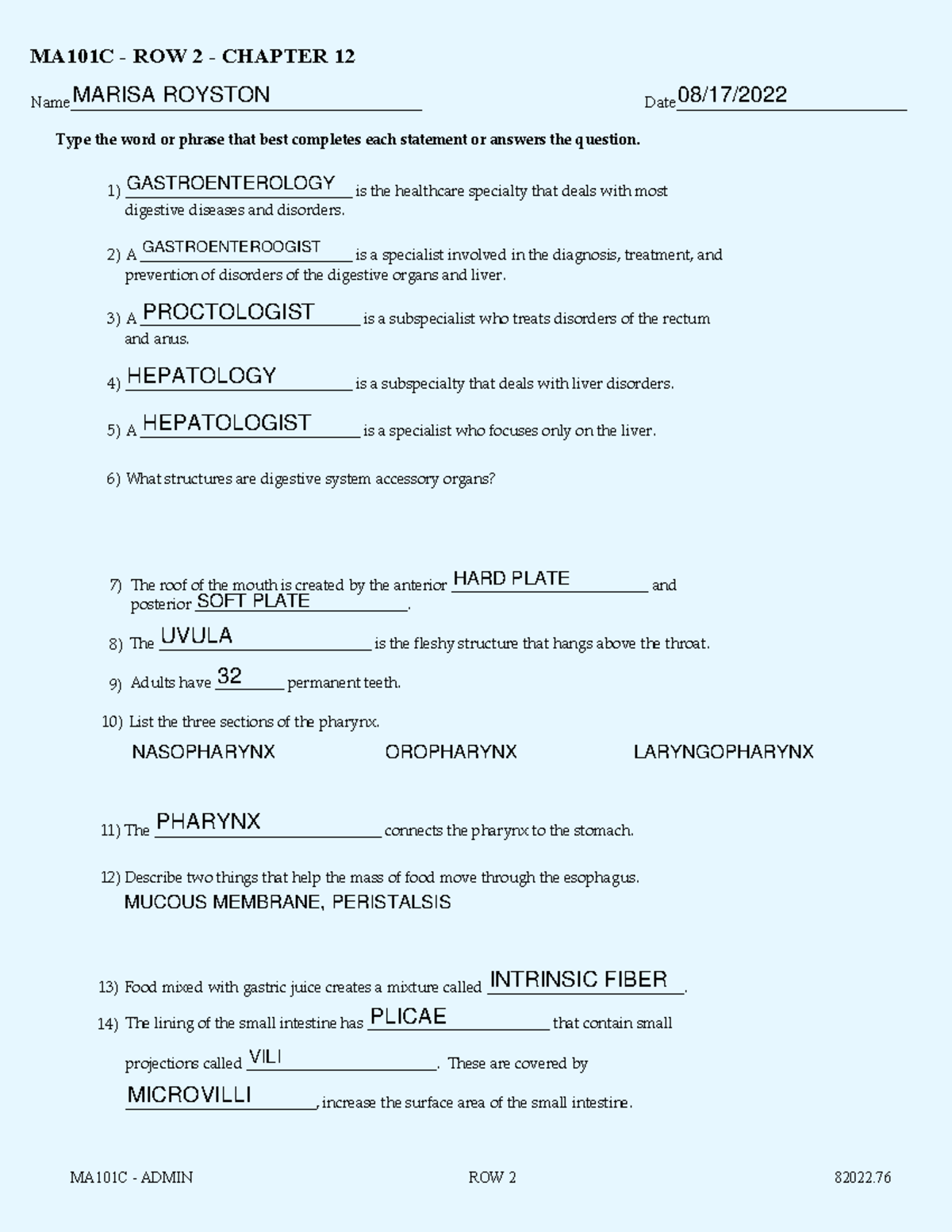 Finished MA101C ROW 2-1 - MA101C - ROW 2 - CHAPTER 12 Name