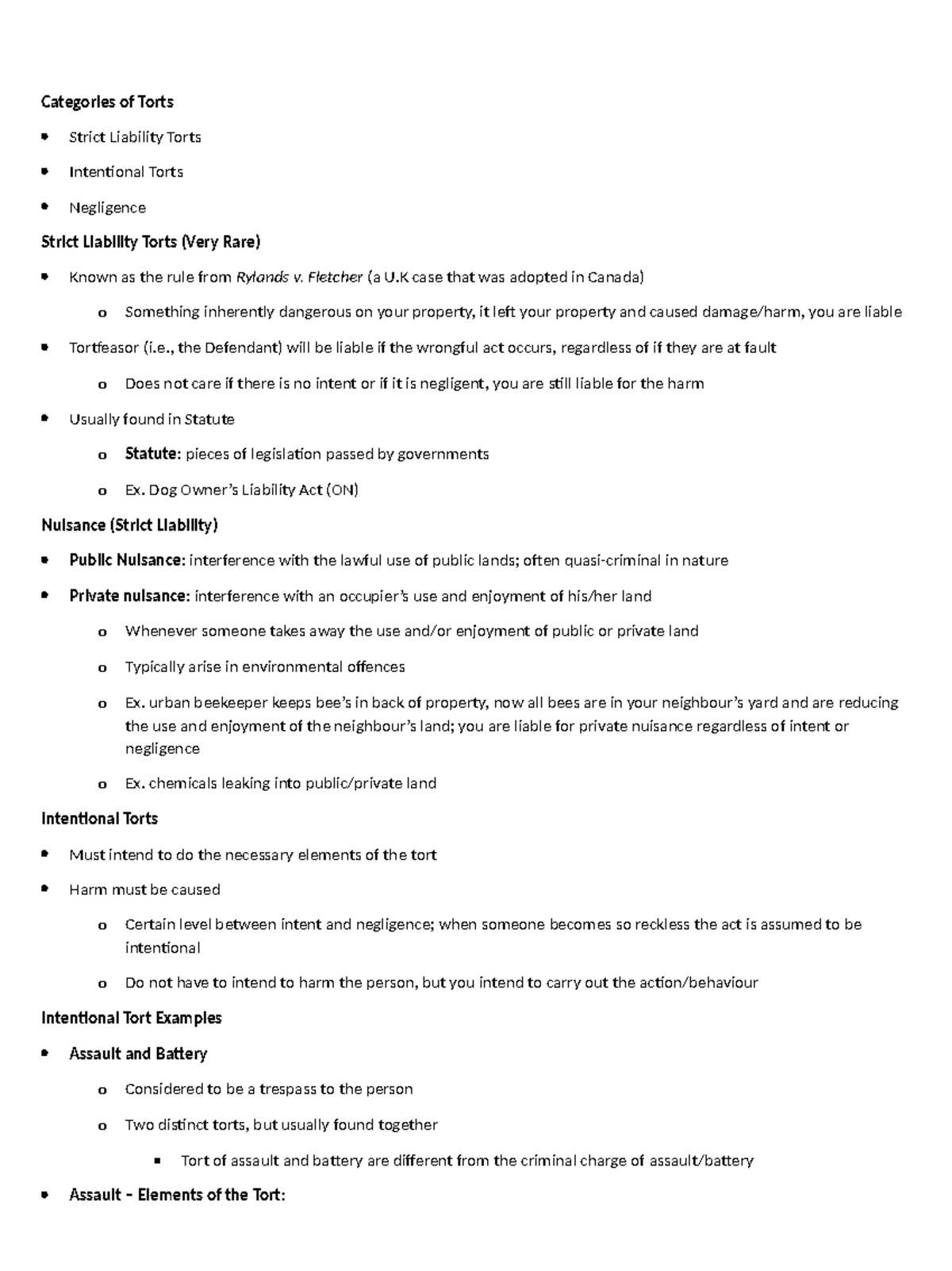 Tort law lesson - Tort law lecture notes - Categories of Torts Strict ...