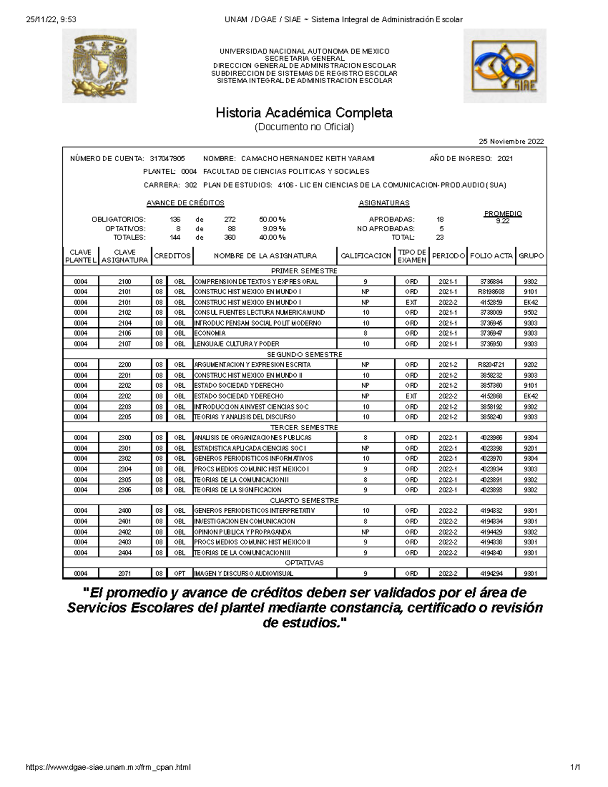 SIAE-Panel-de-Control - 25/11/22, 9:53 UNAM / DGAE / SIAE ~ Sistema ...