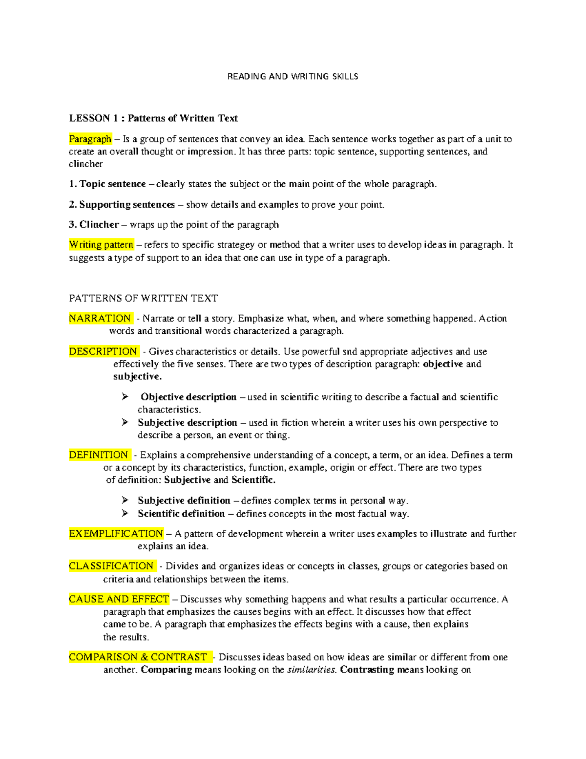 RWS midterm reviewer - READING AND WRITING SKILLS LESSON 1 : Patterns ...