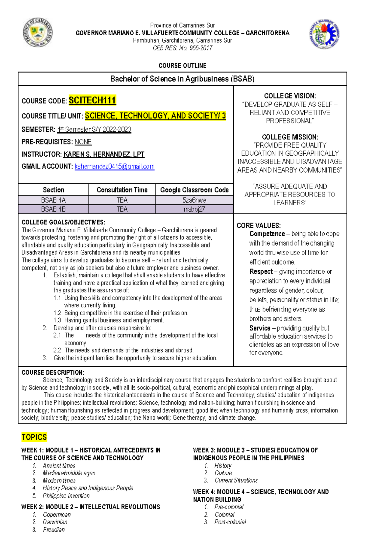 Course Outline Scitech 111 - Province of Camarines Sur GOVERNOR MARIANO E. VILLAFUERTECOMMUNITY ...