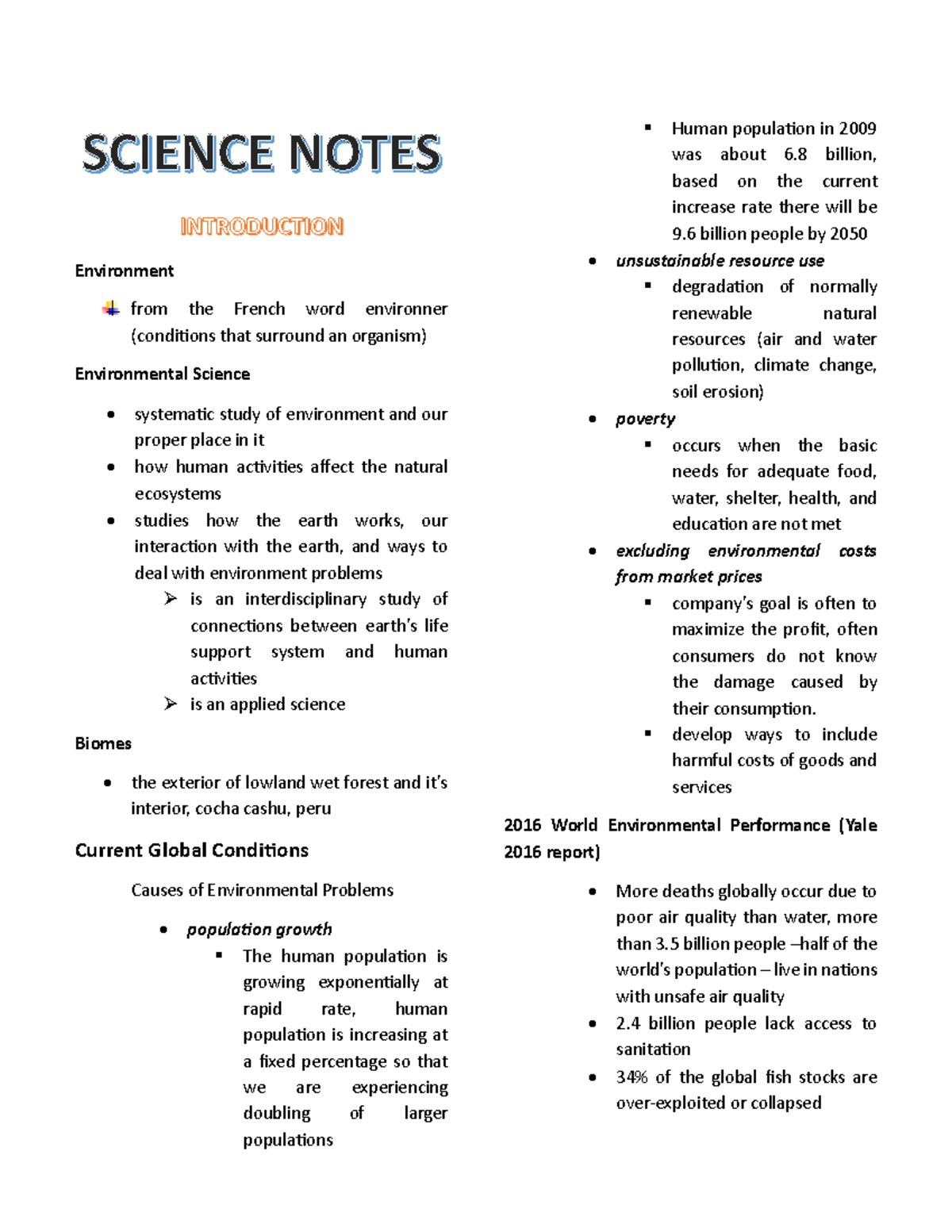 Science- Notes - Study well! - INTRODUCTION Environment from the French ...